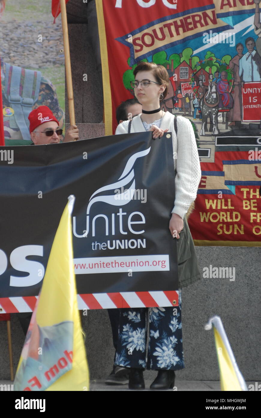 London, UK, 1 May 2018 Unite Union banner. Mayday rally in Trafalgar ...