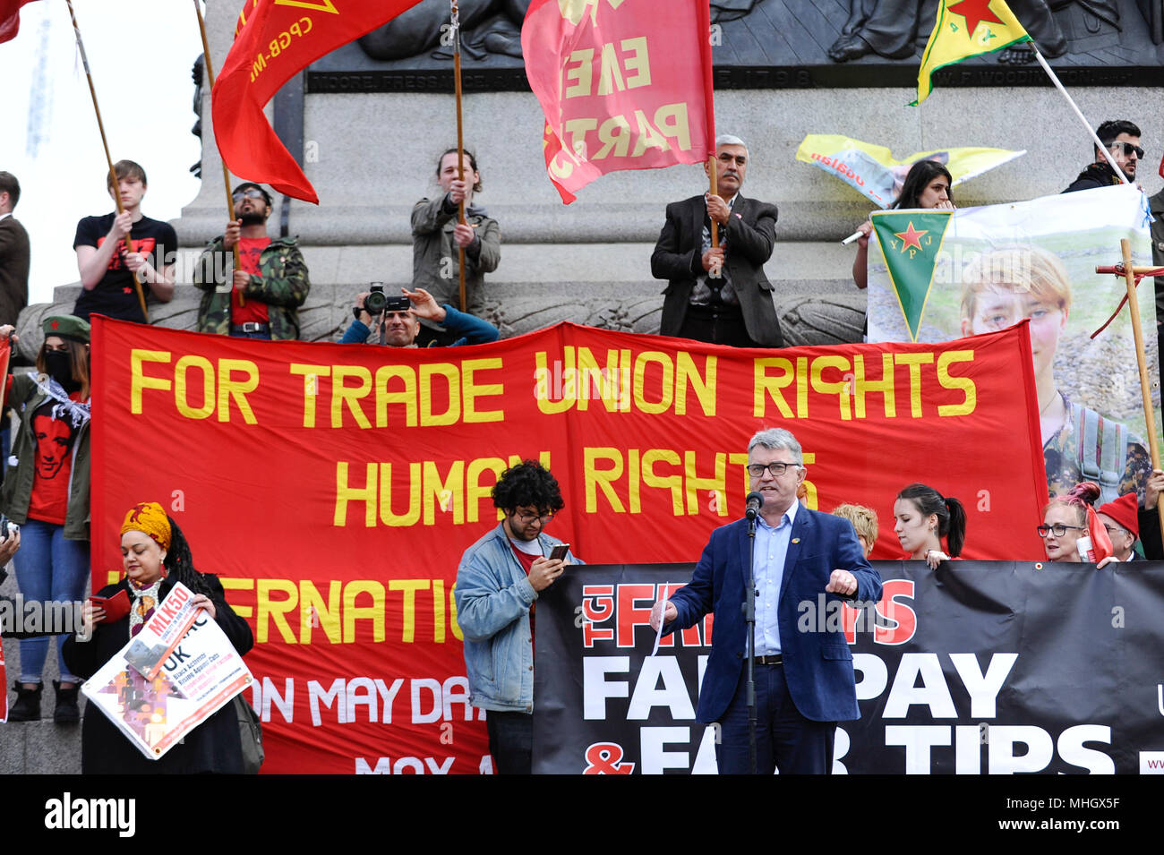 London, UK. 1 May 2018. Mick Cash, RMT union leader, addresses ...