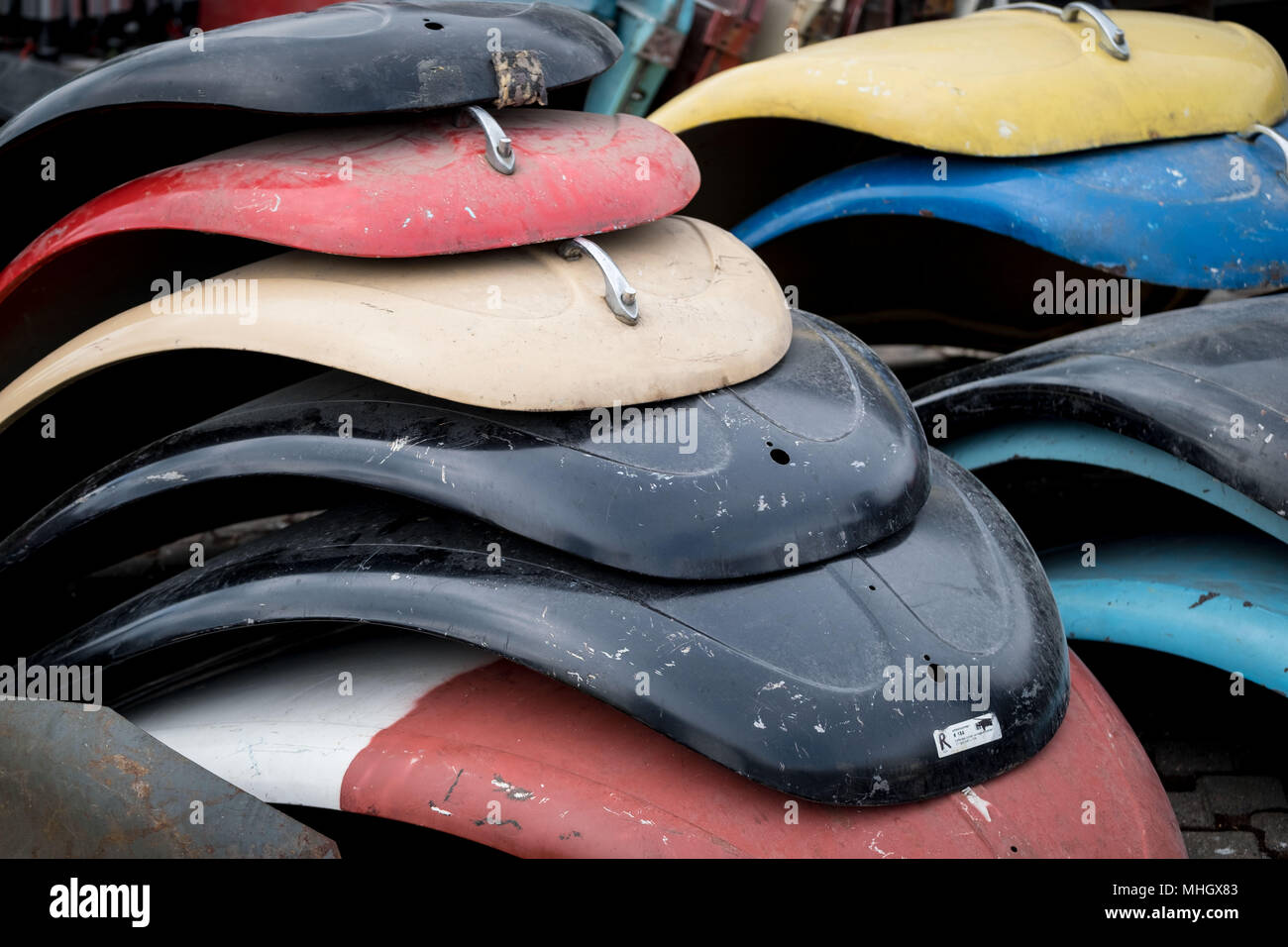 01 May 2018, Germany, Hannover: Used VW Beetle hoods during the 35th ...