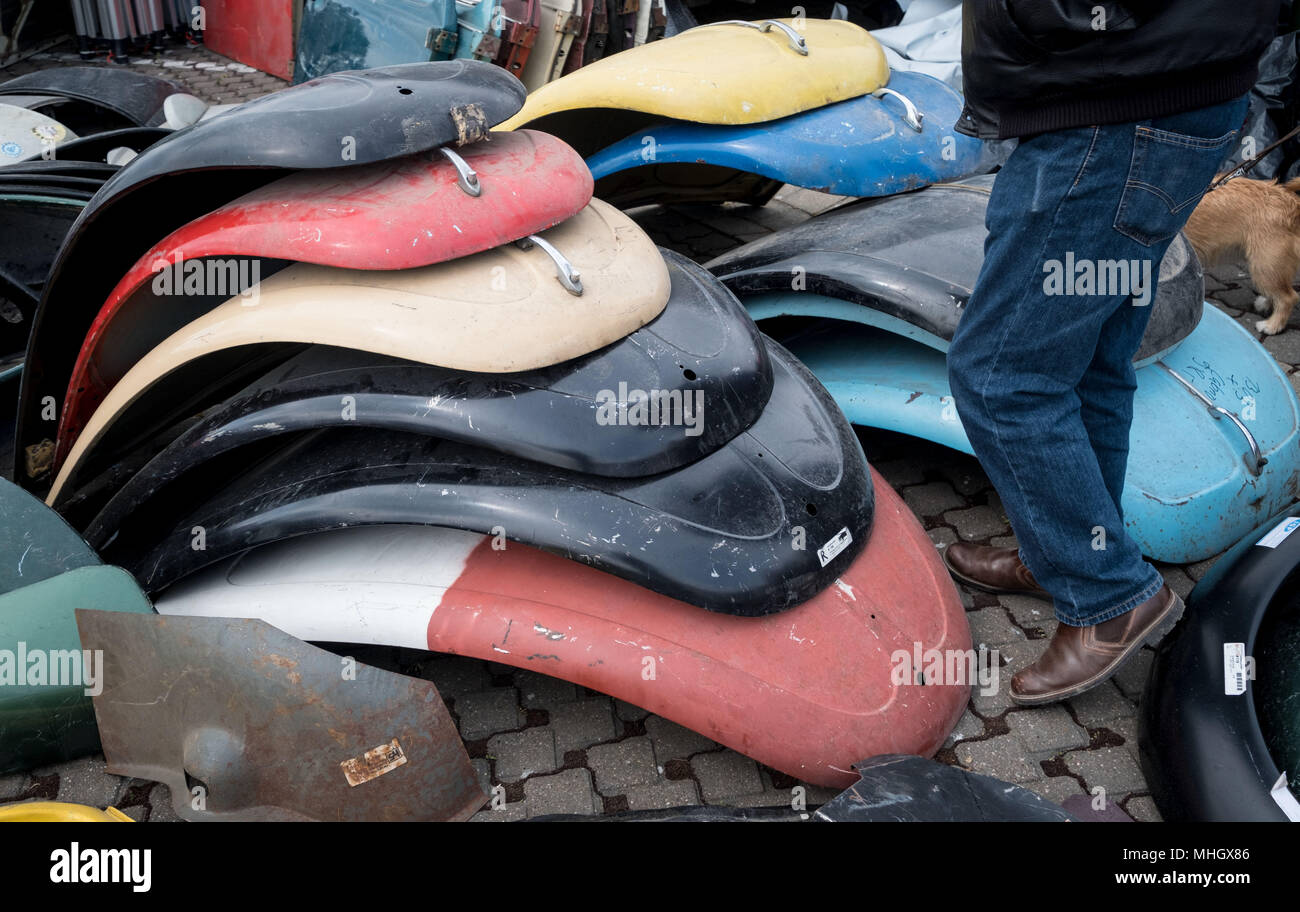 01 May 2018, Germany, Hannover: Used VW Beetle hoods during the 35th ...