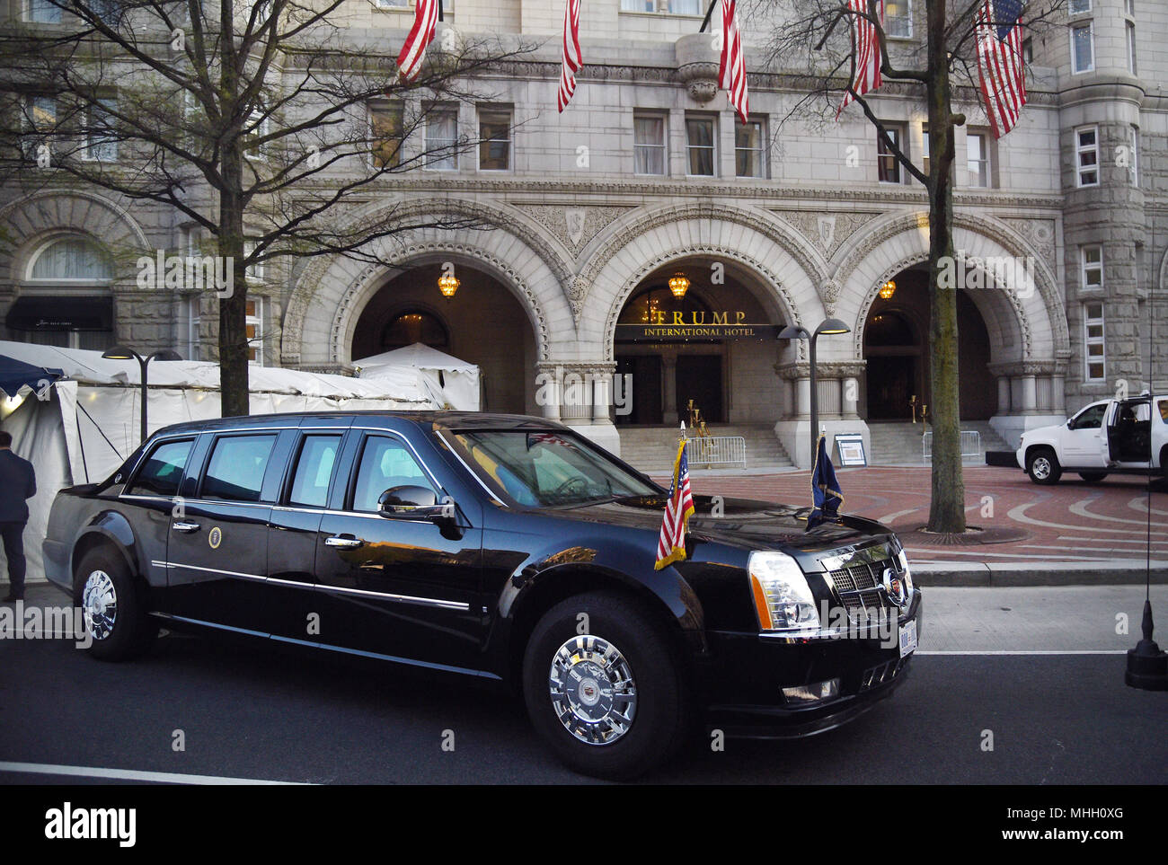 The presidential limousine, aka The Beast, is parked in front of the ...