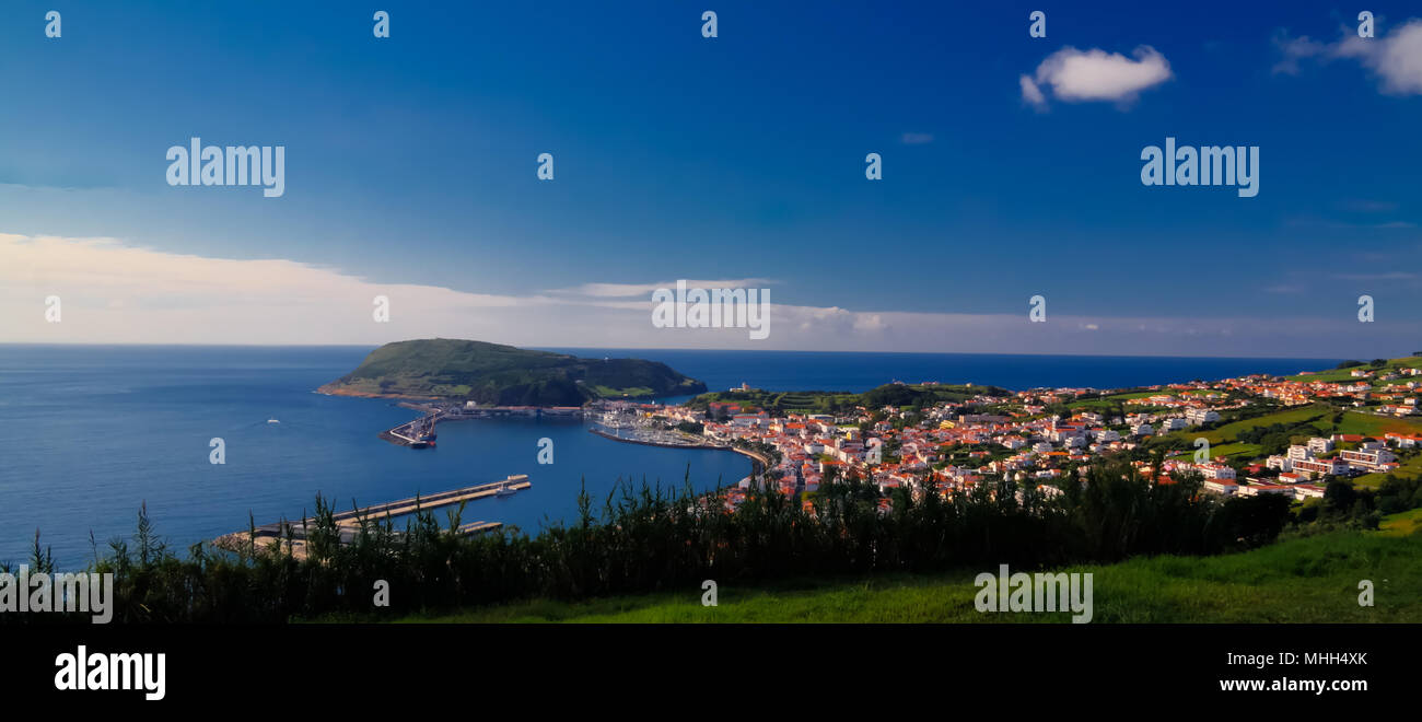 Aerial view to Horta marina and city at Faial island, Azores, Portugal ...