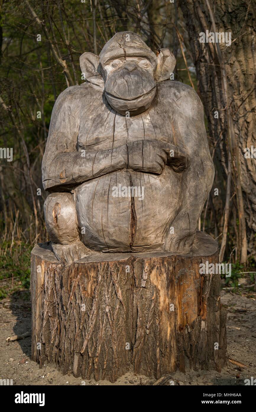 Wooden sculpture of a sitting monkey in National Parc Meijendel in ...