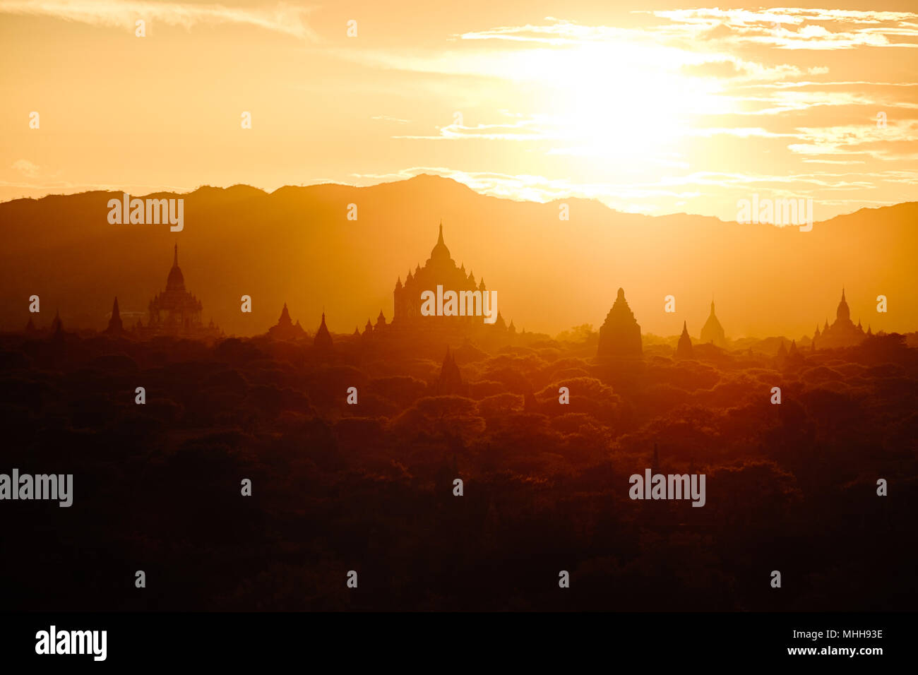 Beautiful sunset landscape view with ancient temples at Bagan, Myanmar ...