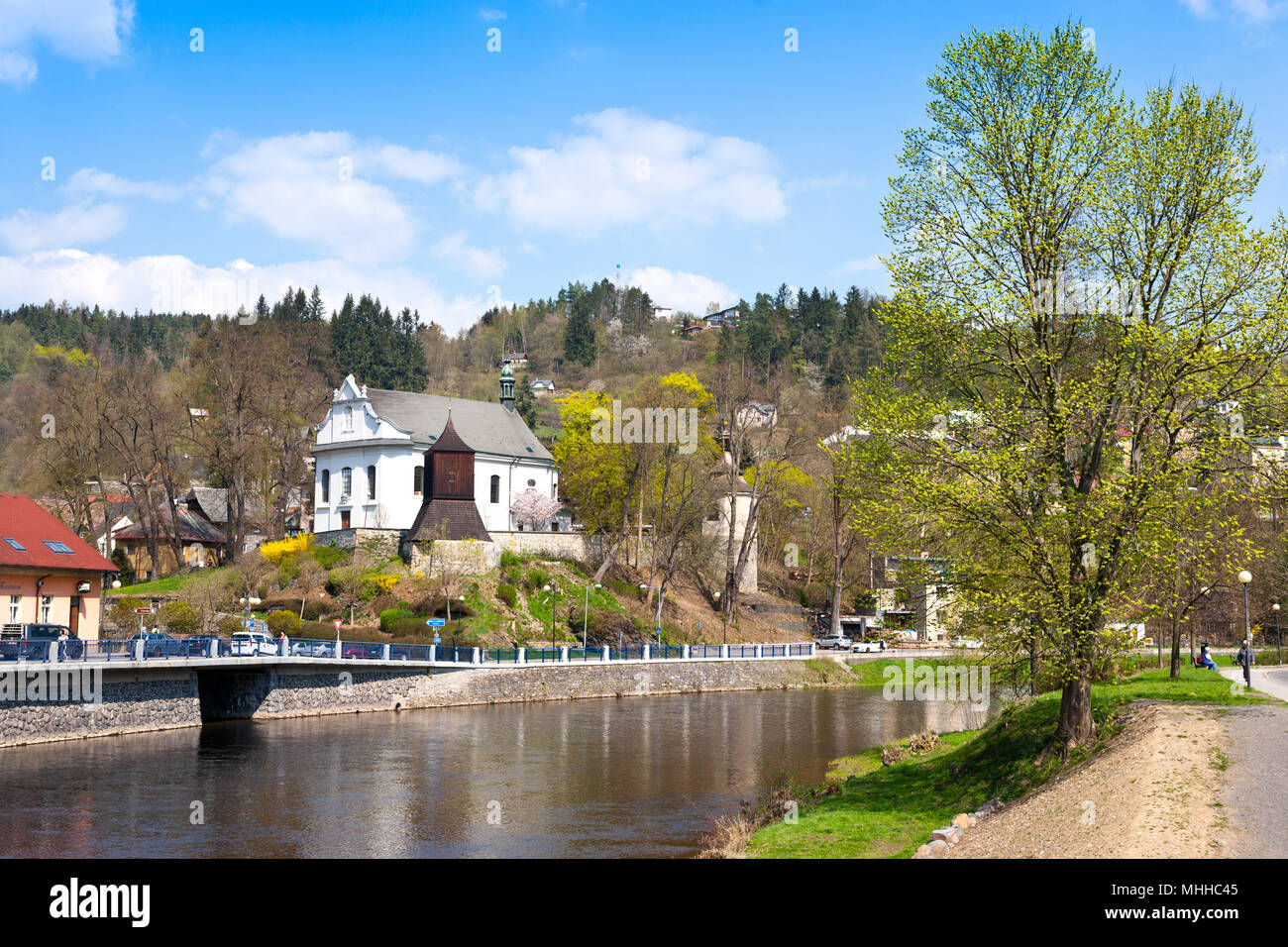 Kostel sv. Jakuba, zvonice a reka Jizera, Zelezny Brod, Cesky raj ...