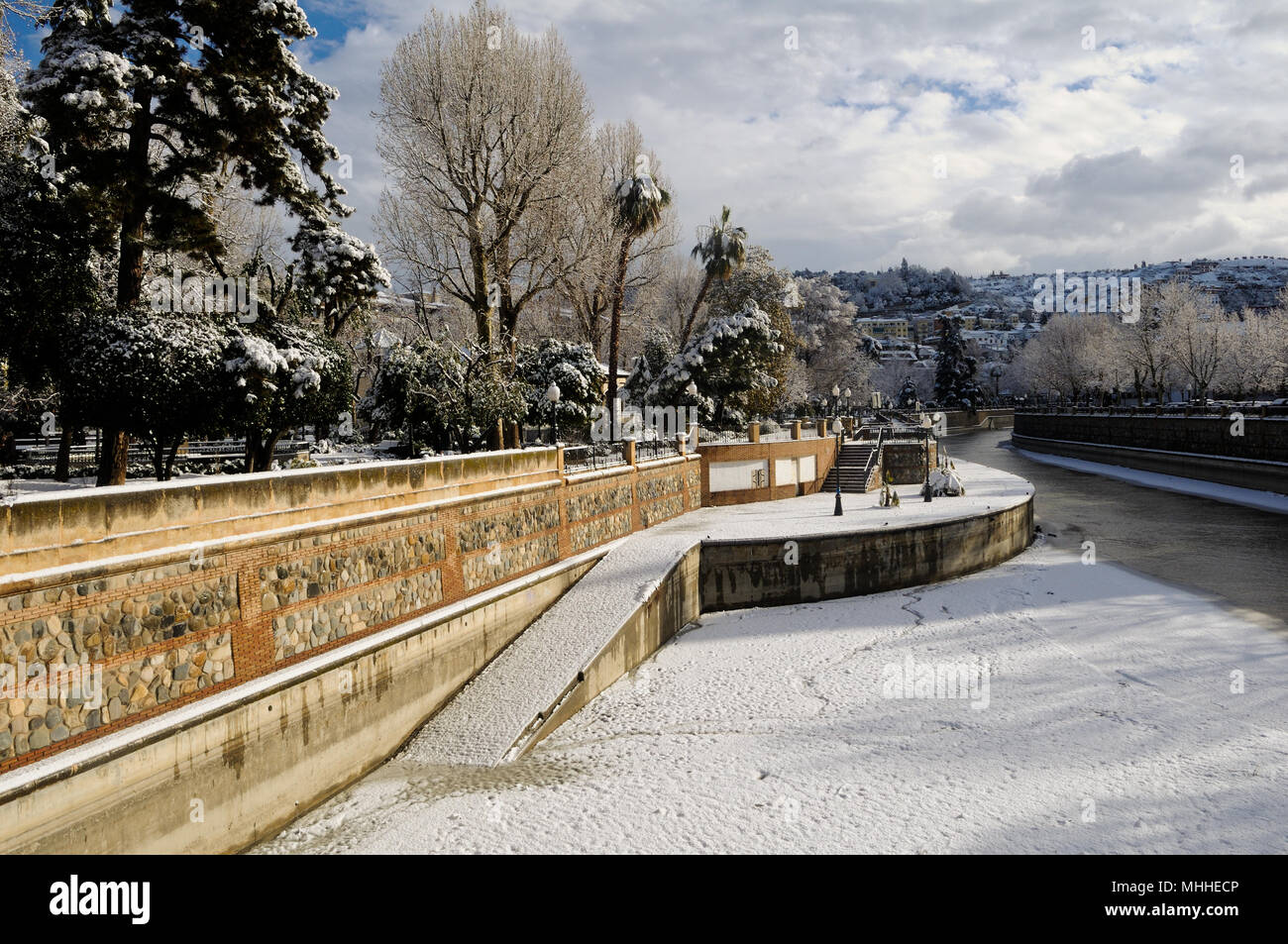 Snow storm with slush on sidewalks. Granada, Andalusia, Spain Stock ...