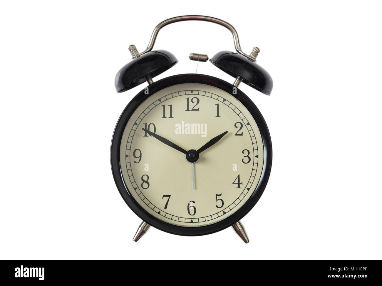 Lunch time. Black vintage alarm clock isolated on white background, top ...