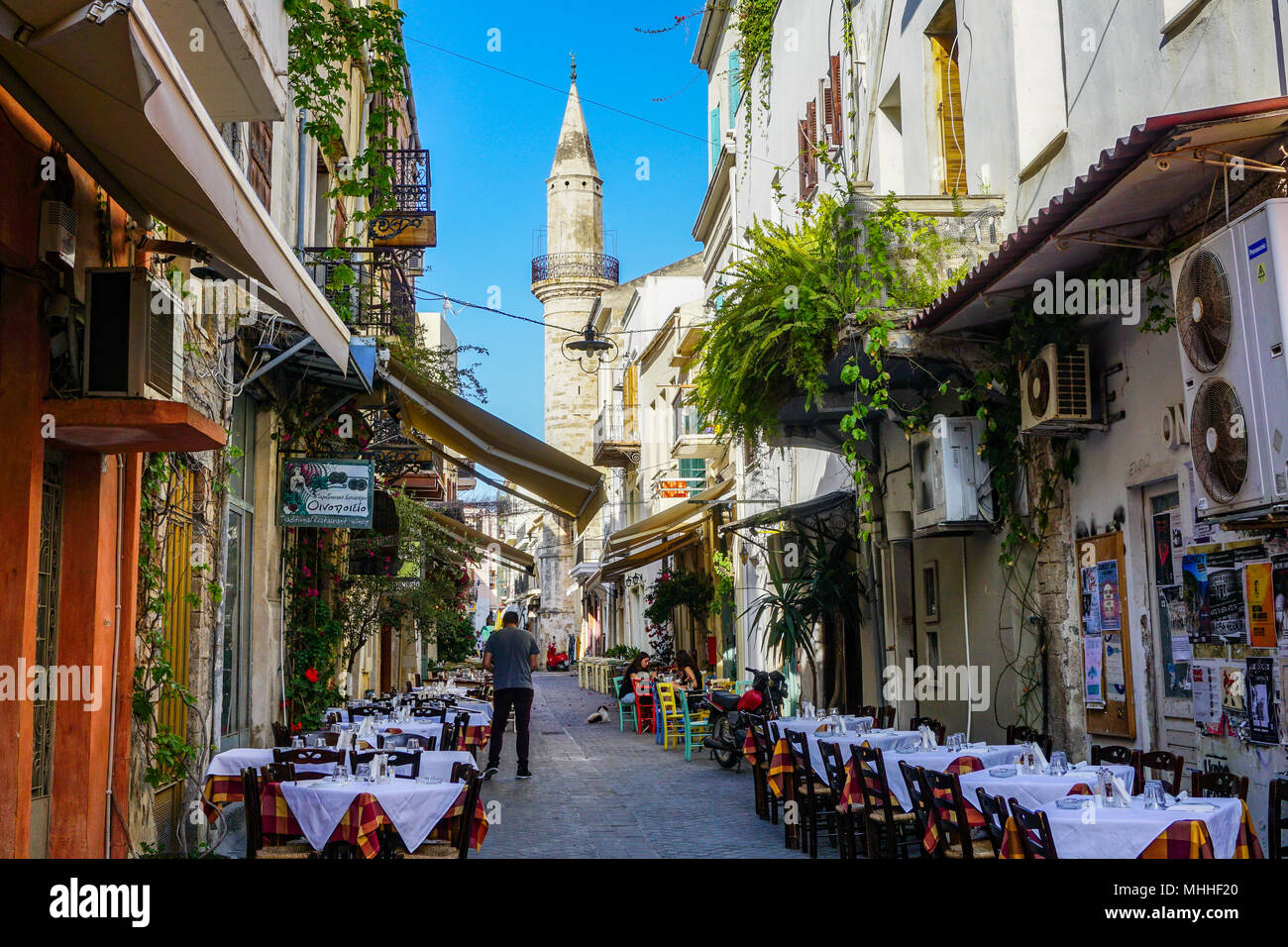Minaret from converted mosque of Church of Agios Nikolas in street view ...