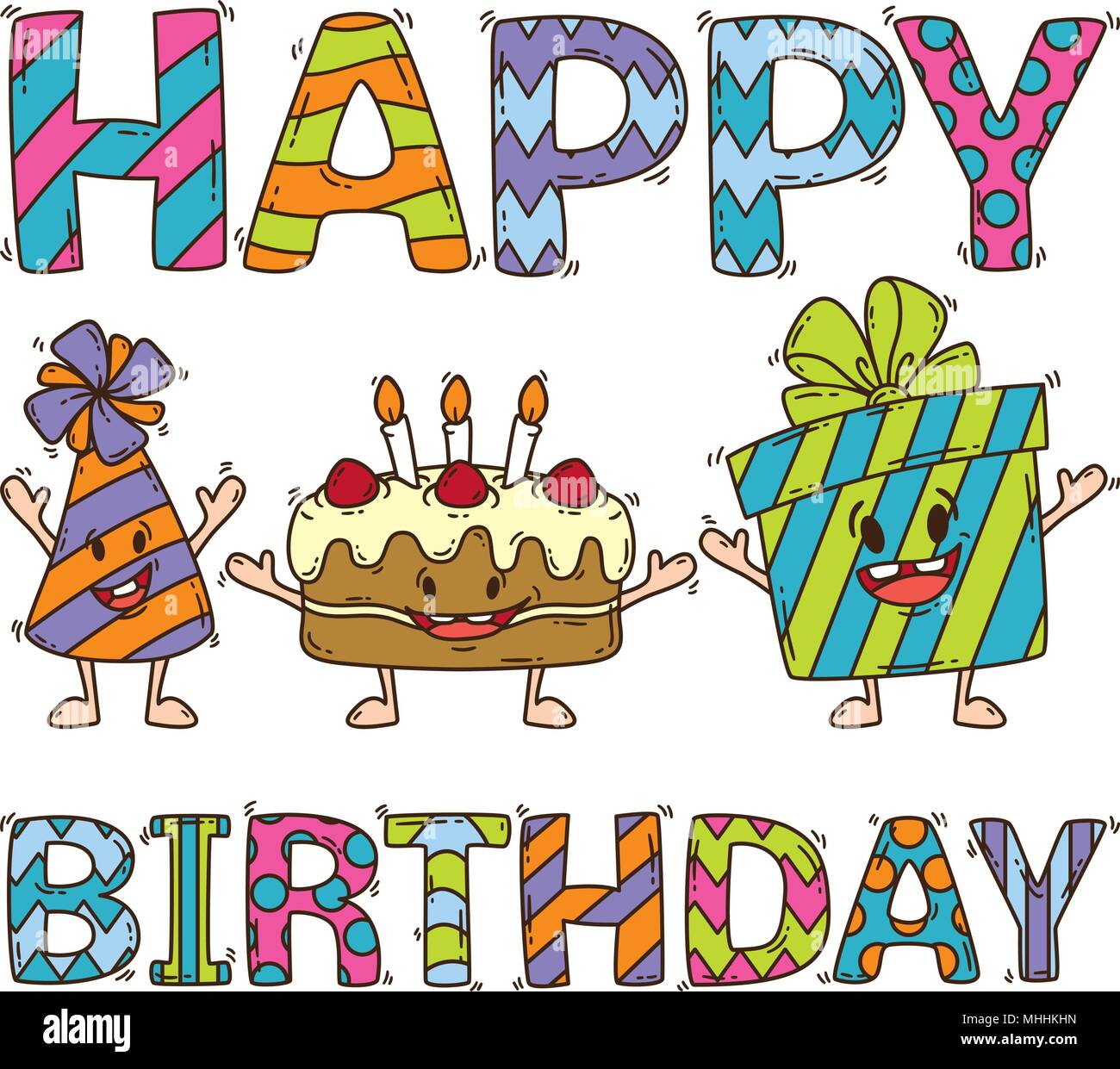 Birthday card with cake, present and party hat. Vector illustration ...