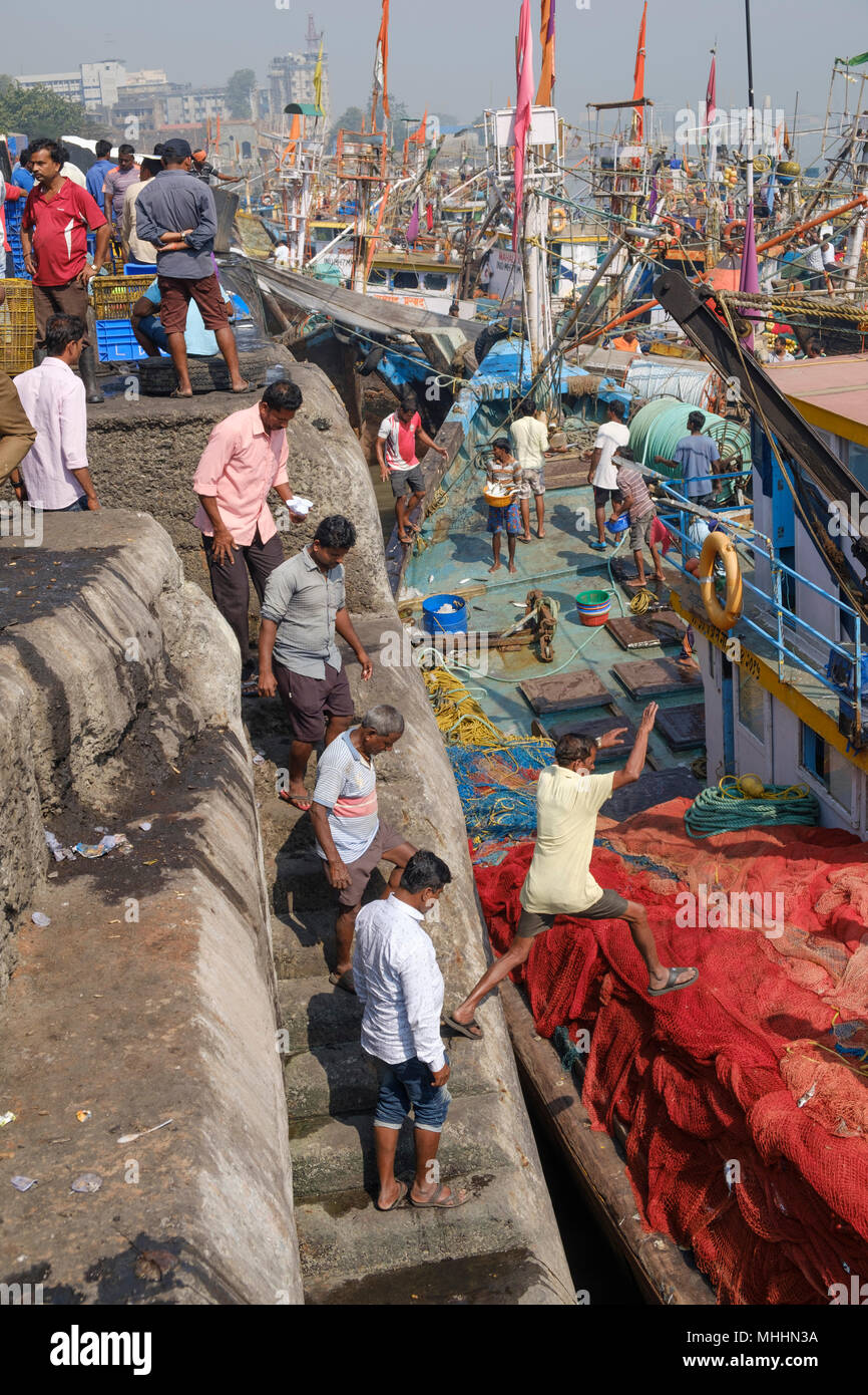 Fishermen loading and unloading their catch at Sassoon Dock, Mumbai ...