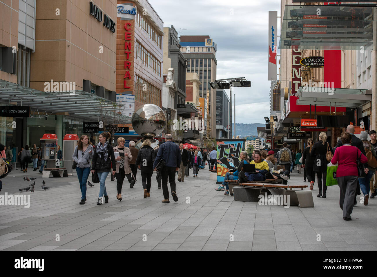 ADELAIDE, AUSTRALIA - SEPTEMBER 1, 2015 - People walking along town ...