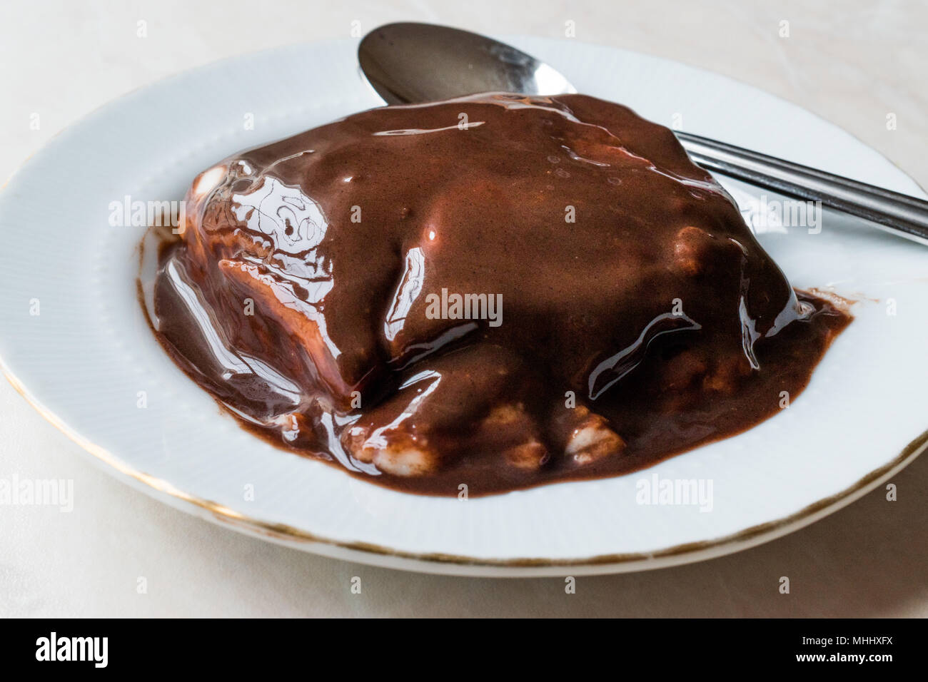 Turkish Pudding Muhallebi with Chocolate Sauce. Traditional Food Stock ...