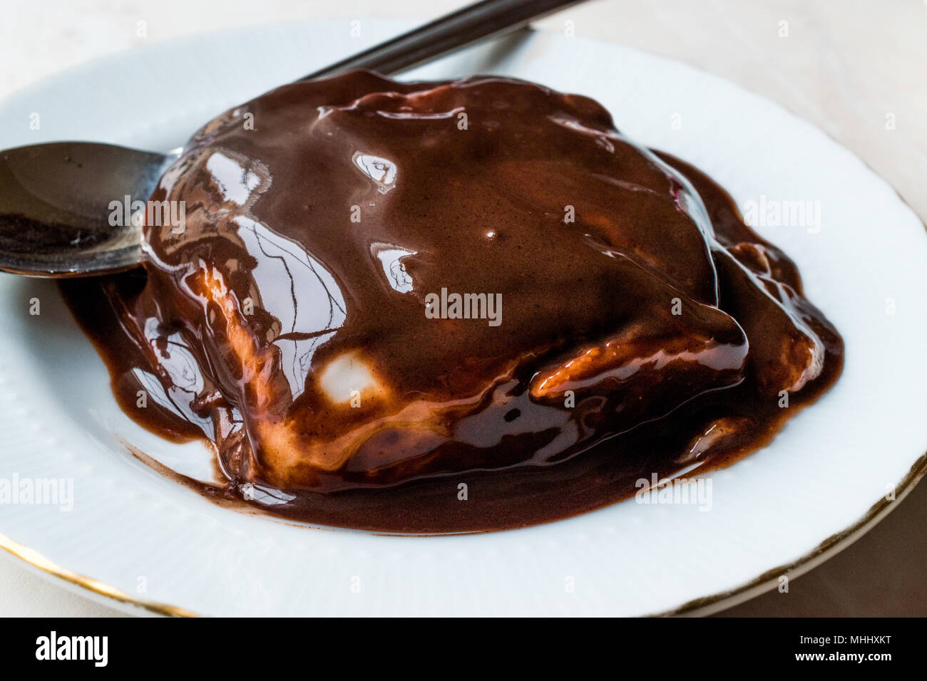 Turkish Pudding Muhallebi with Chocolate Sauce. Traditional Food Stock ...