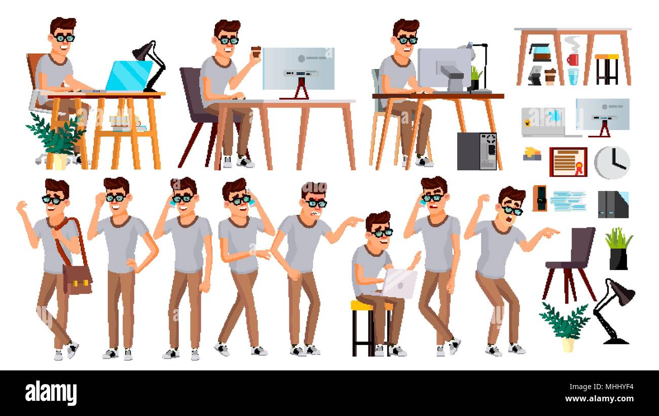 Office Worker Vector. Face Emotions, Various Gestures. Business Human ...