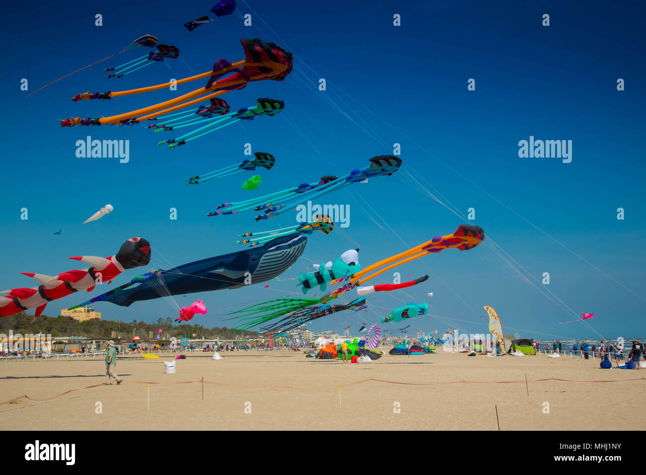 Many colorful kites in different shapes on the beach at Cervia ...
