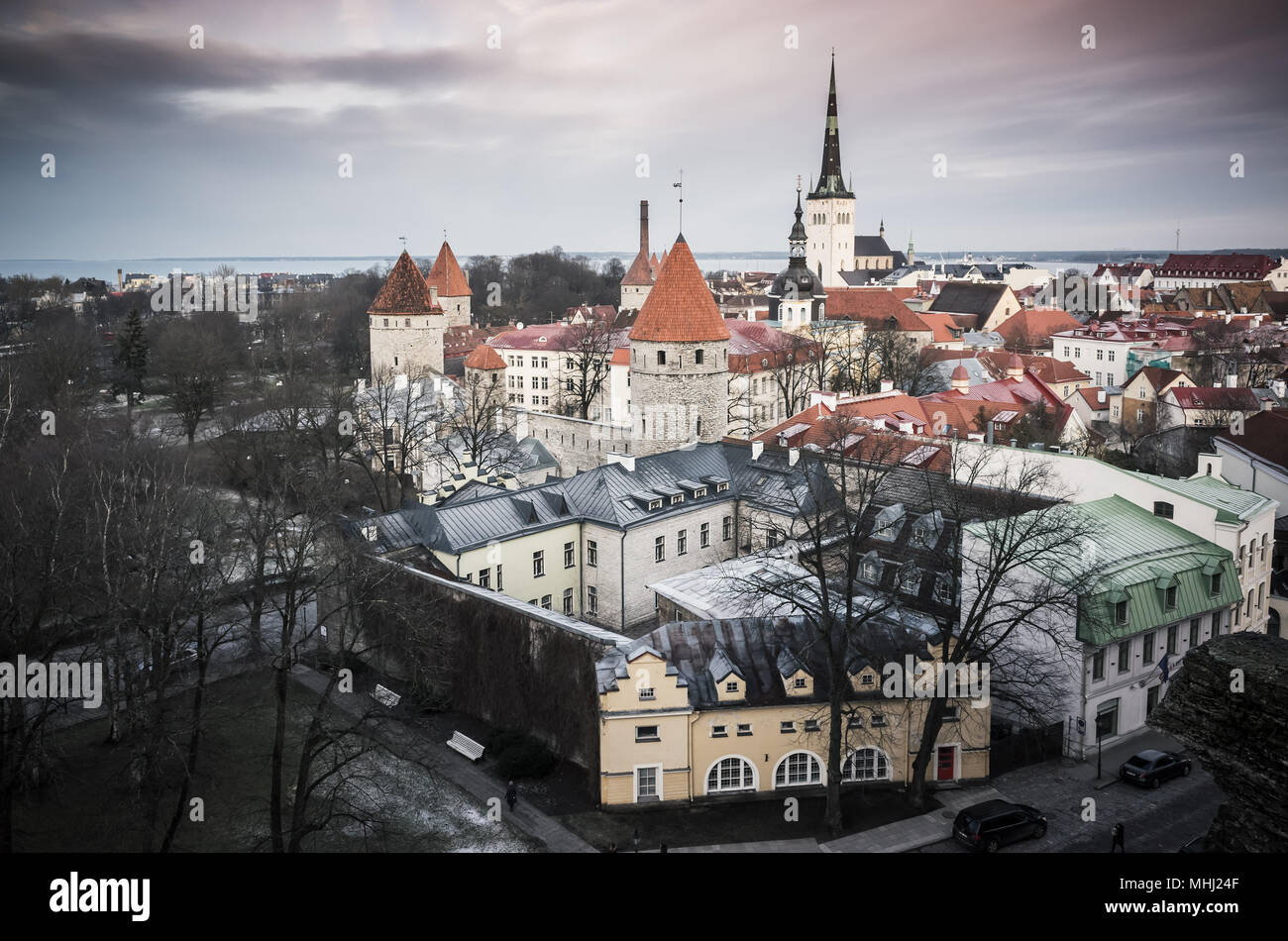 Old town of Tallinn, aerial panorama. Churches and living houses with ...