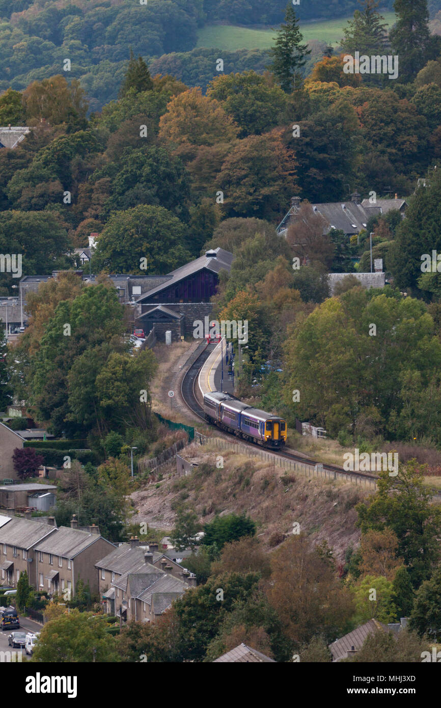 Northern rail class 156 +153 sprinter train departing from Windermere ...