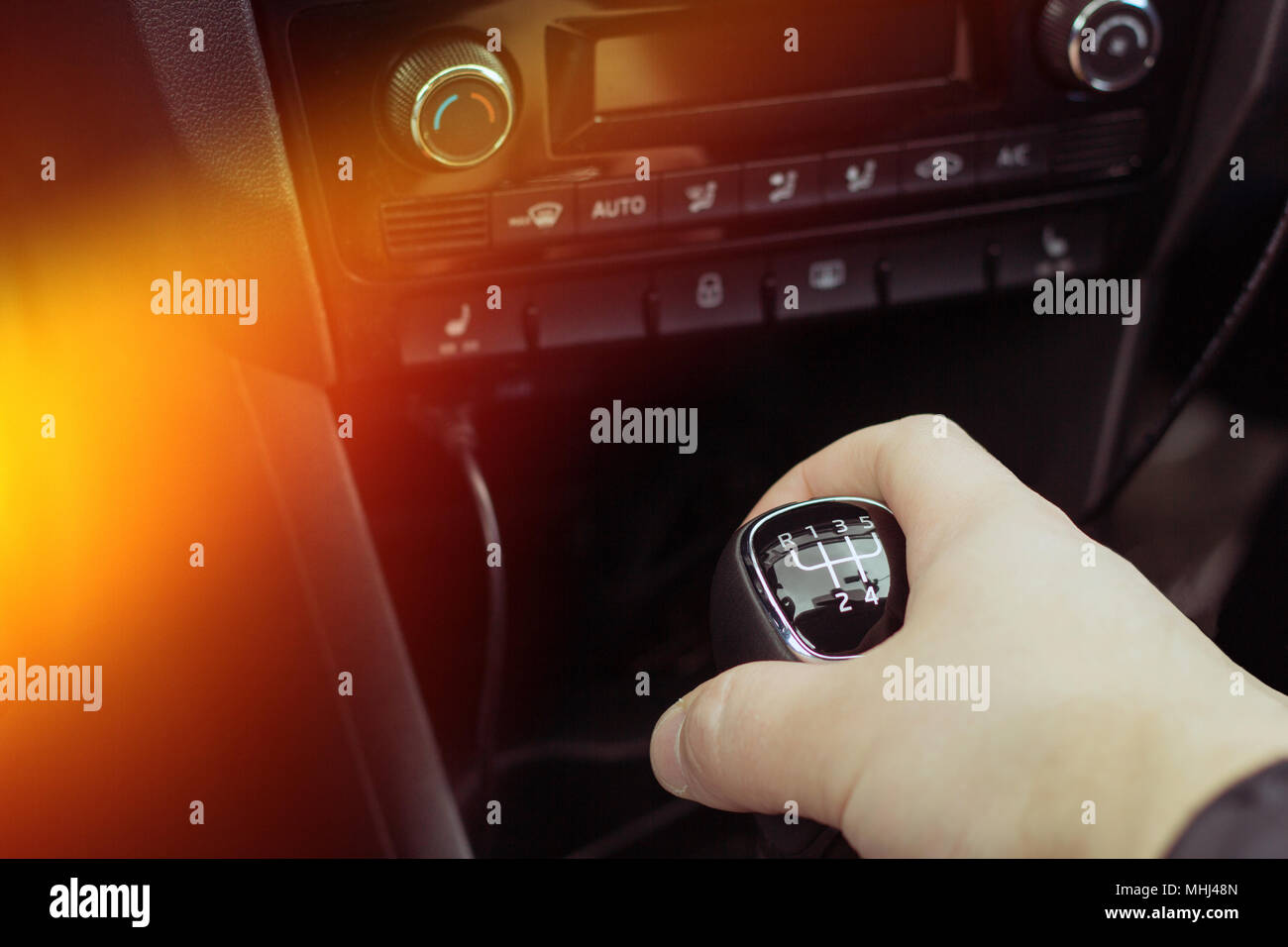 manual transmission gear shift, and man hand Stock Photo - Alamy