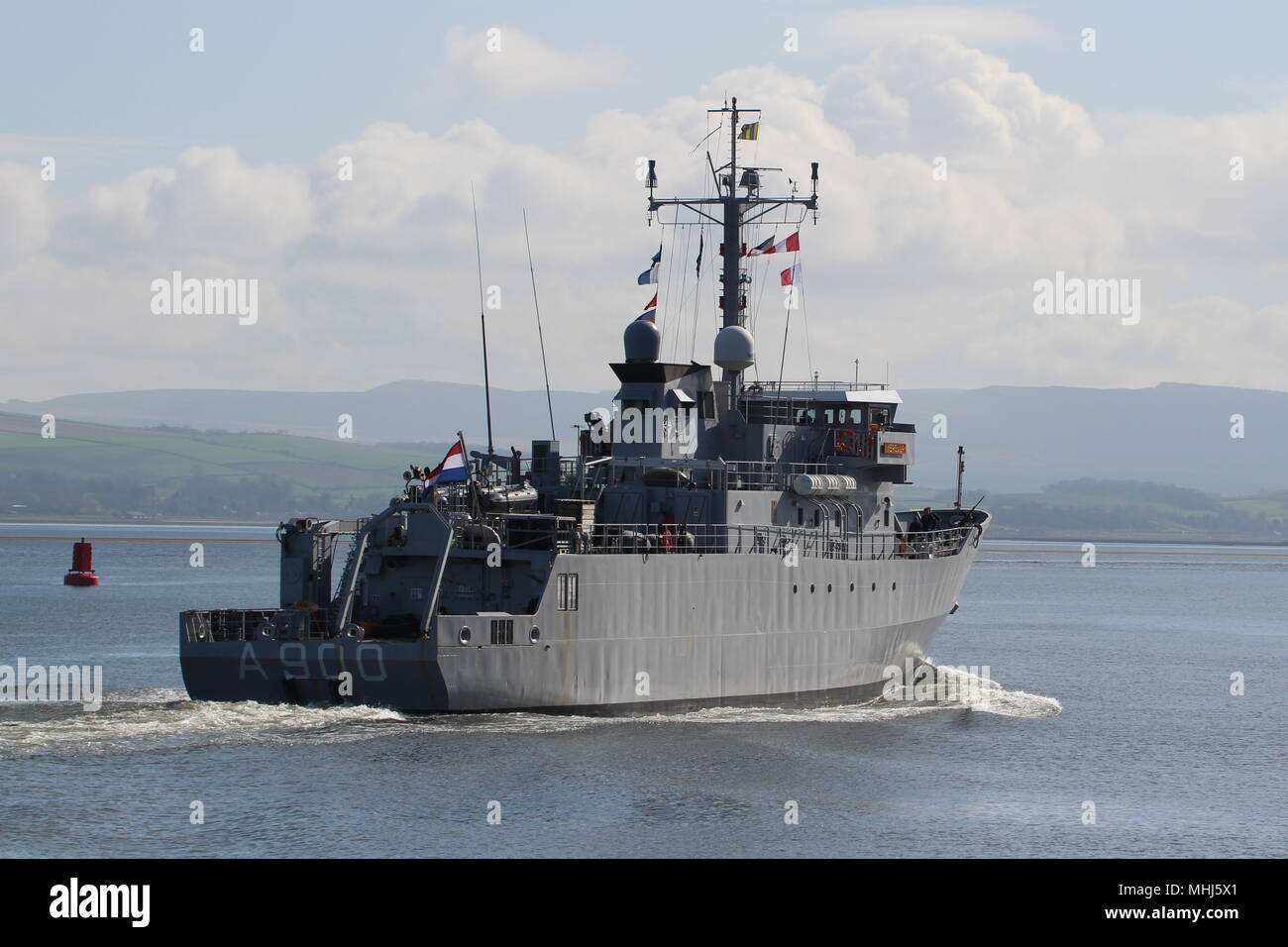 HNLMS Mercuur (A900), a submarine support vessel operated by the Royal Netherlands Navy, passing ...