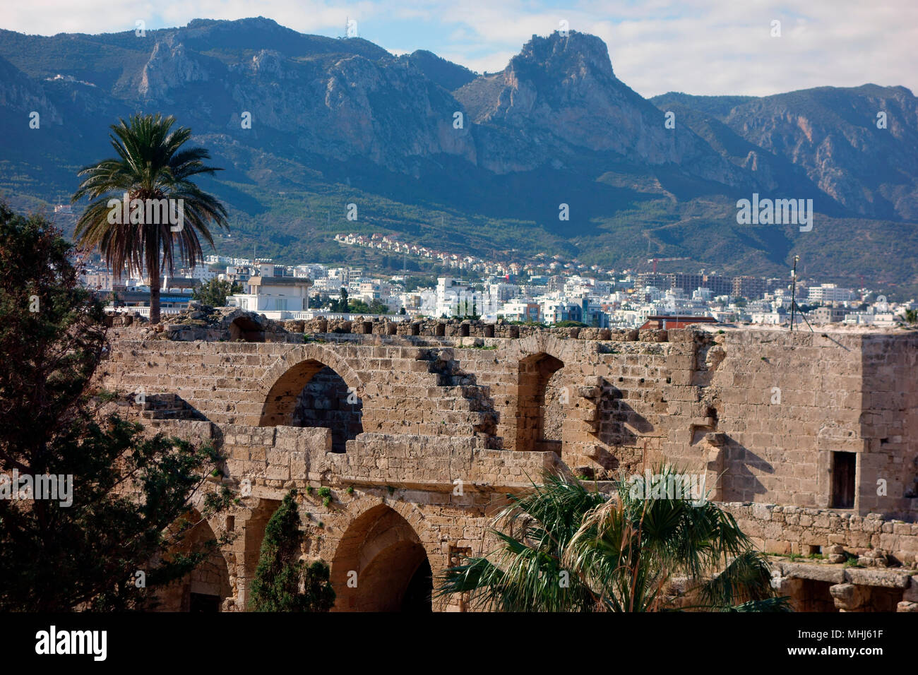 Kyrenia Castle and hilltop St Hilarion Castle at the distance, Kyrenia ...
