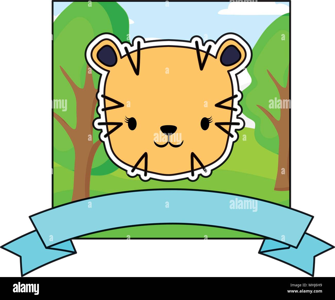 decorative emblem with cute tiger and ribbon over landscape and white ...