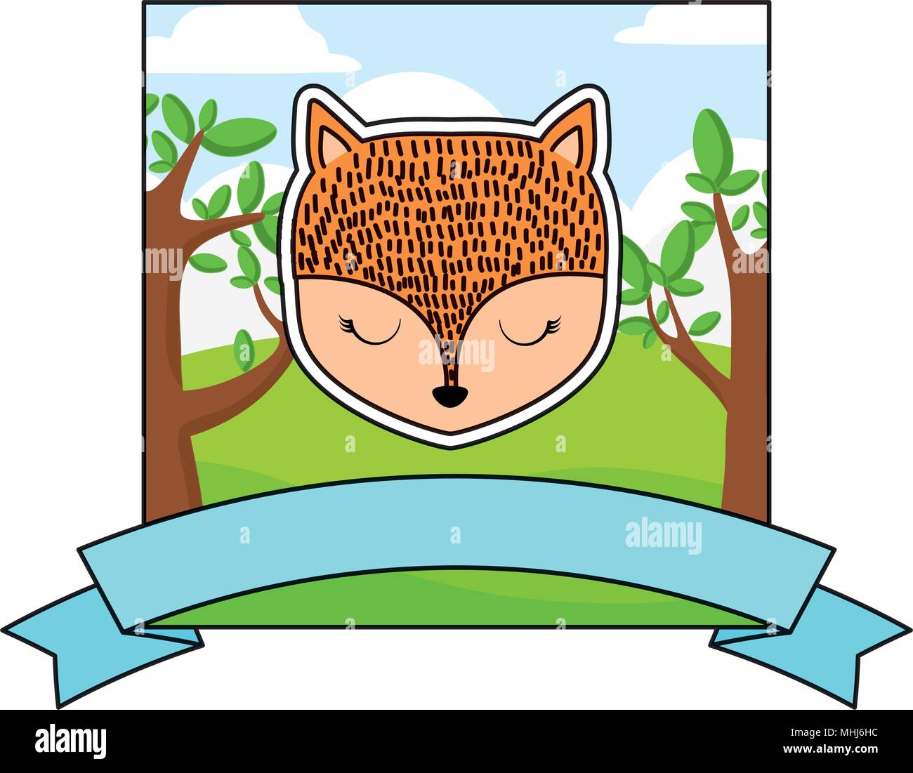 decorative emblem with cute fox and ribbon over landscape and white ...