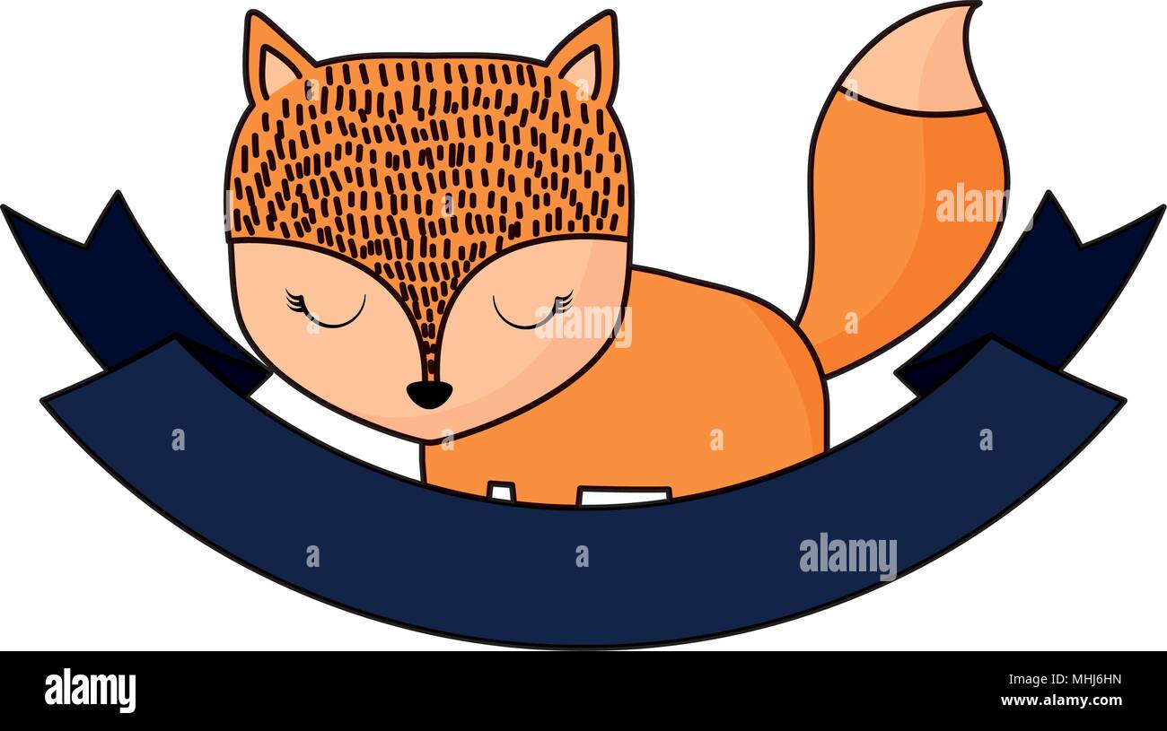decorative emblem with cute fox and ribbon over white background ...