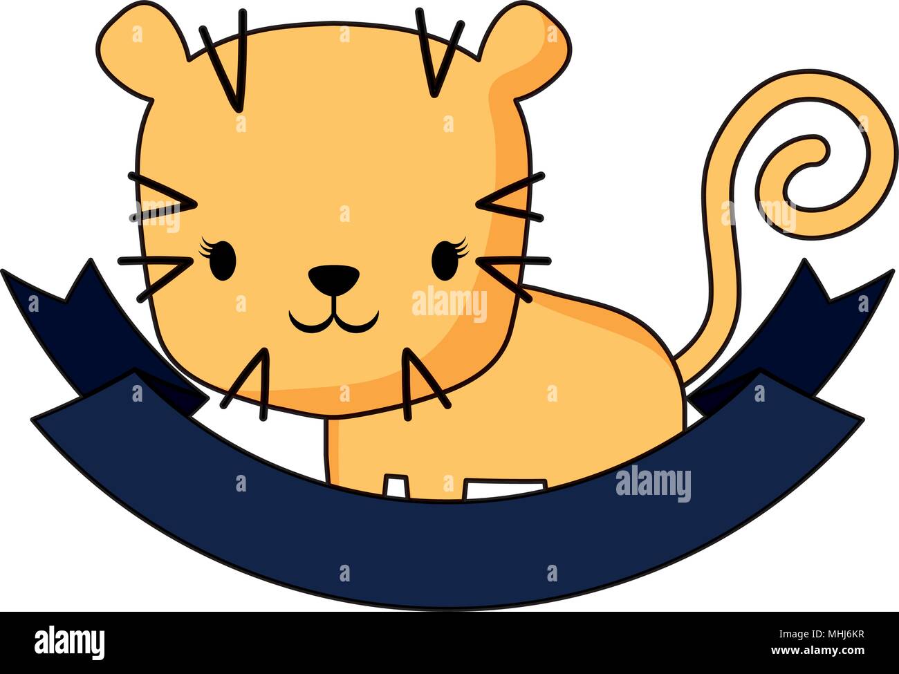 decorative emblem with cute tiger and ribbon over white background ...