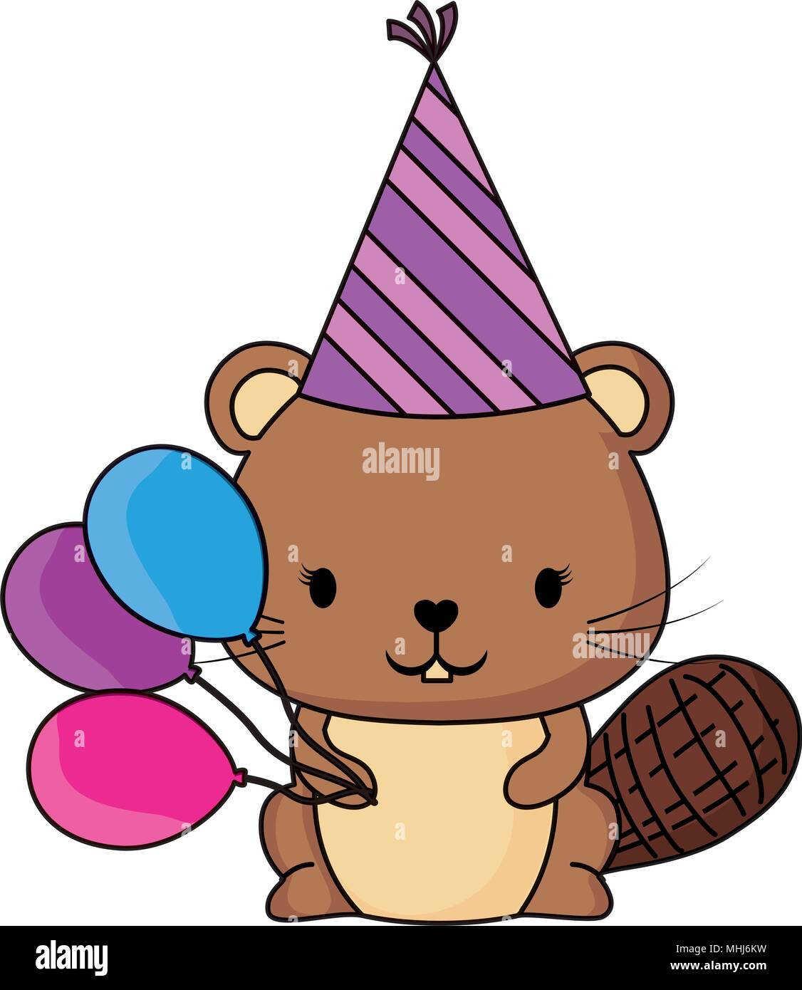 happy birthday design with cute beaver with birthday hat and balloons ...