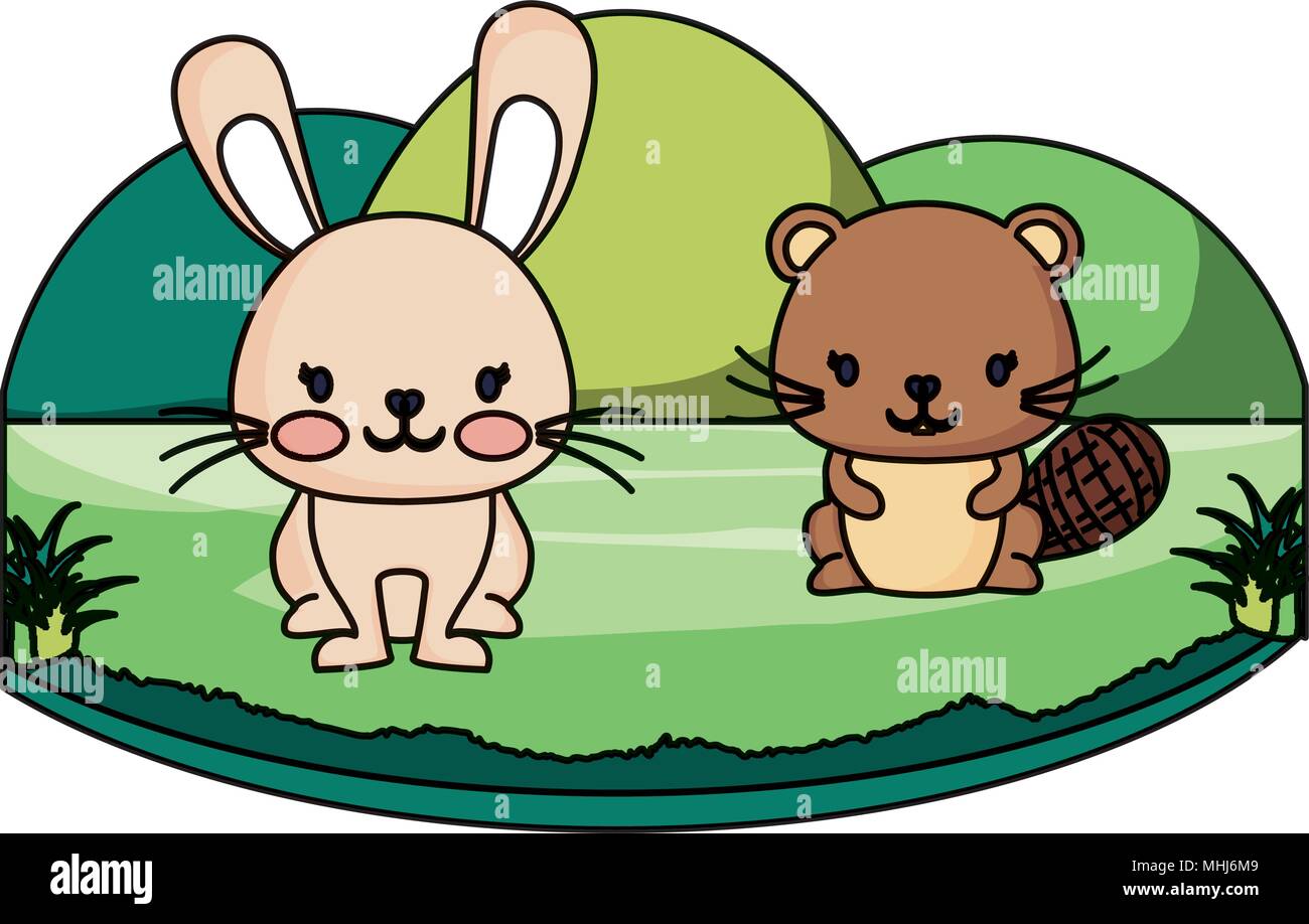 landscape with cute rabbit and beaver over white background, colorful ...