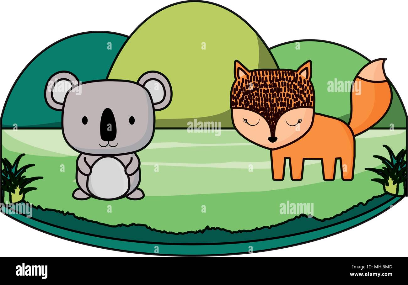 landscape with cute koala and fox over white background, colorful ...