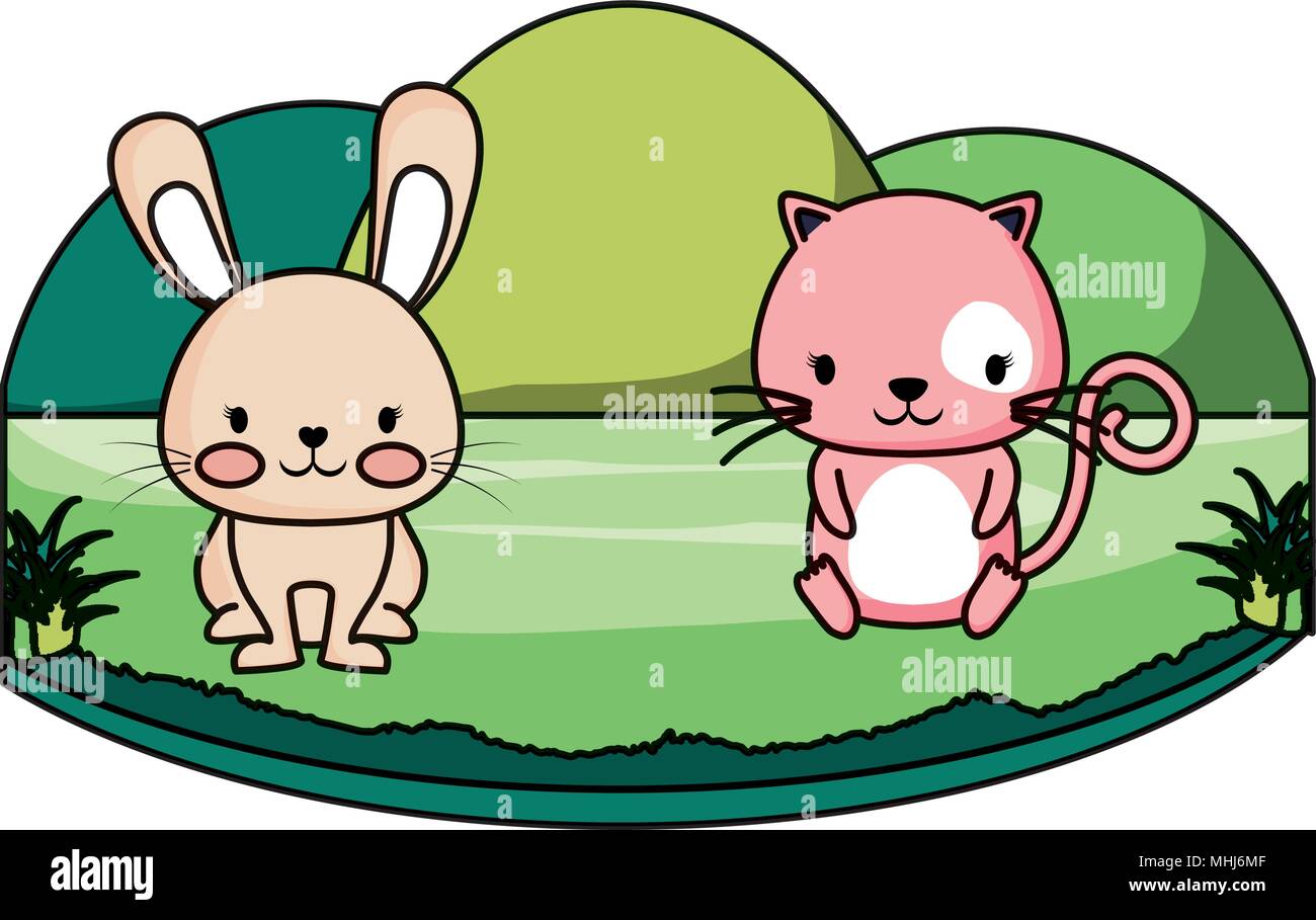 landscape with cute rabbit and cat over white background, colorful ...