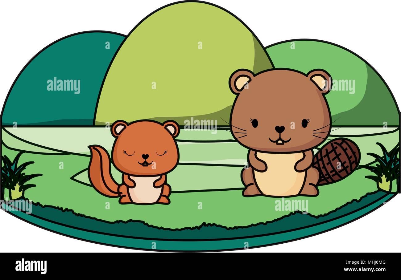 landscape with cute beaver and squirrel over white background, colorful ...