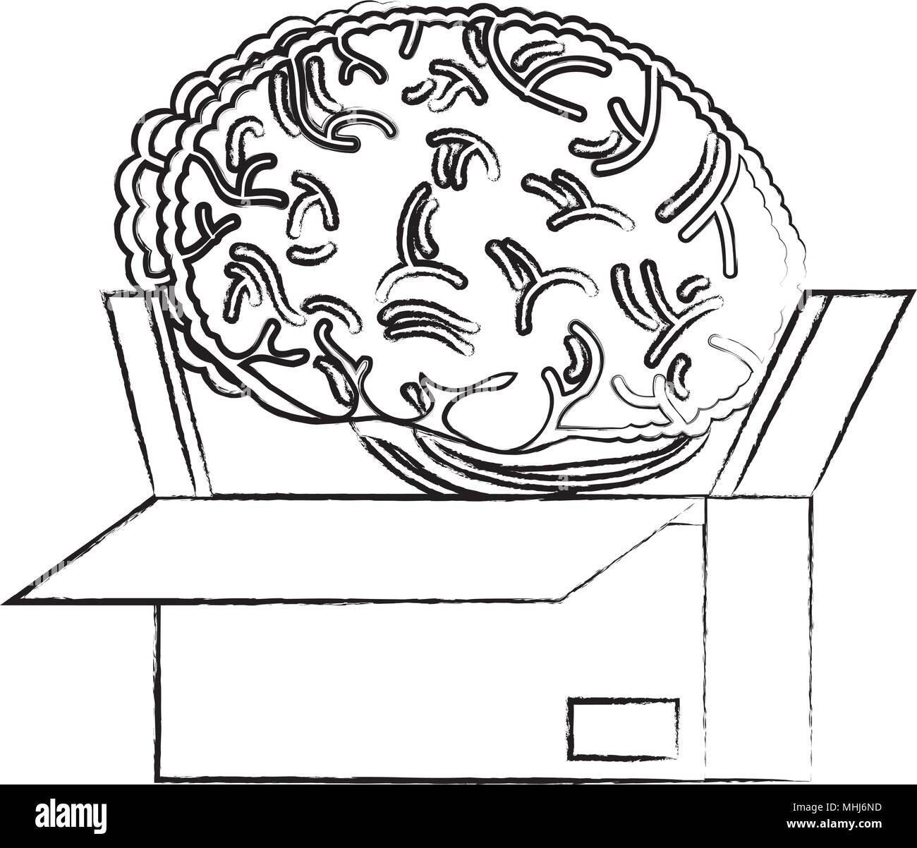 sketch of box with human brain icon over white background, vector ...