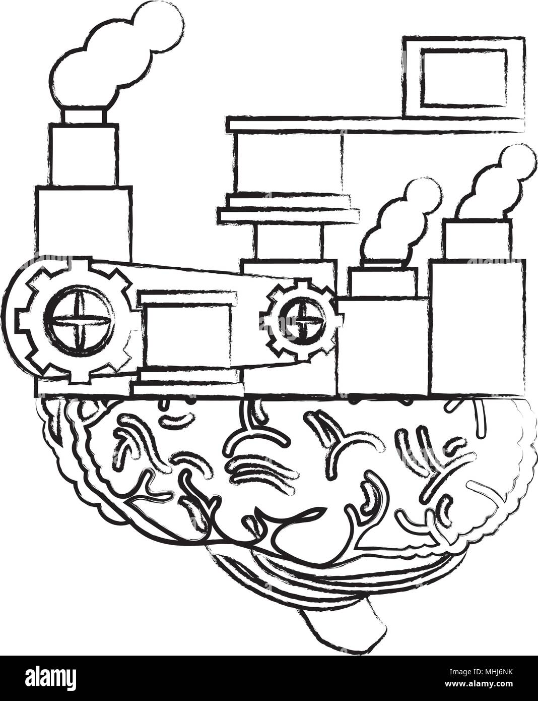 sketch of brain machine icon over white background, veector ...