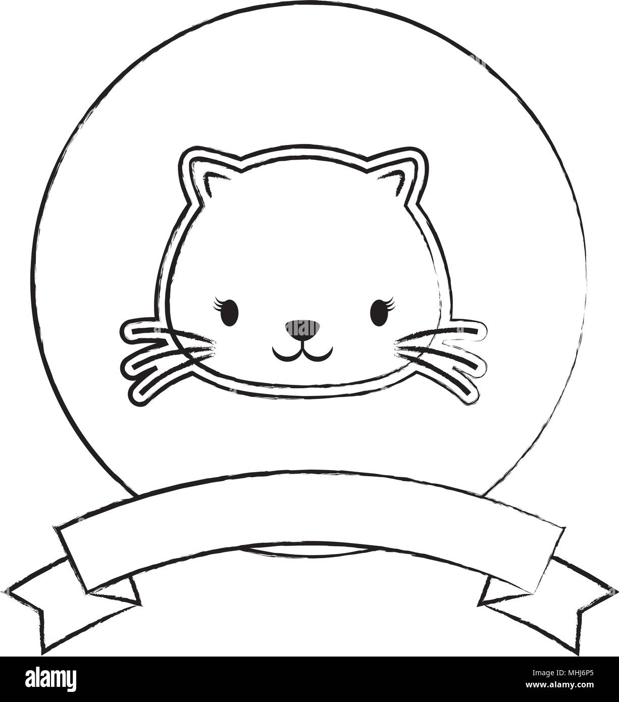sketch of decorative emblem with cute kitty and ribbon over white ...