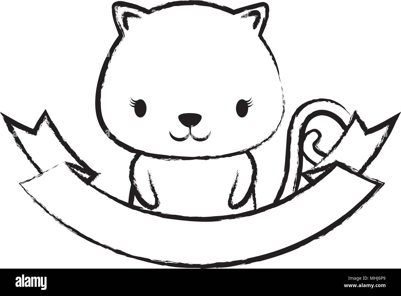 sketch of decorative emblem with cute kitty and ribbon over white ...