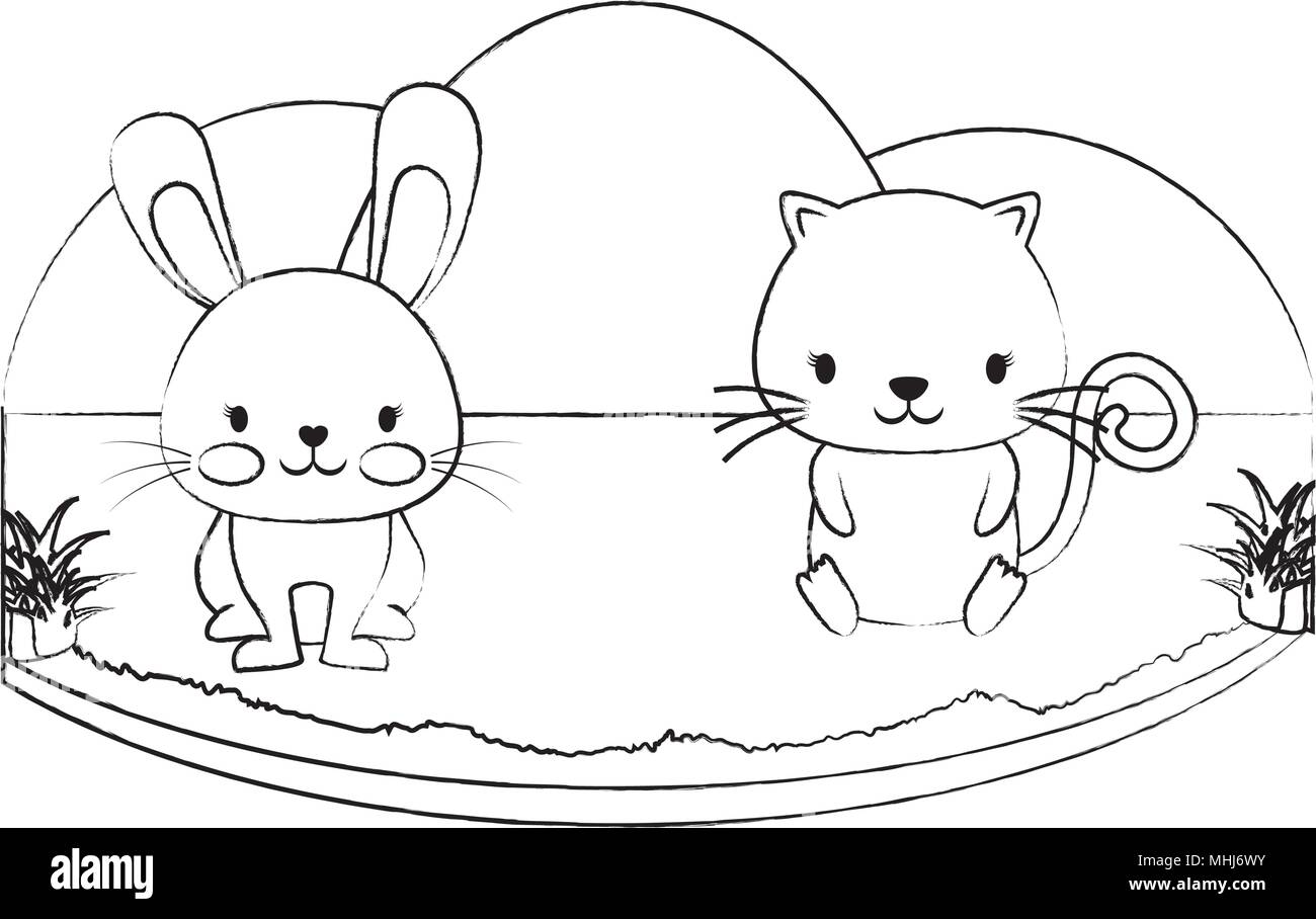sketch of landscape with cute rabbit and cat over white background ...