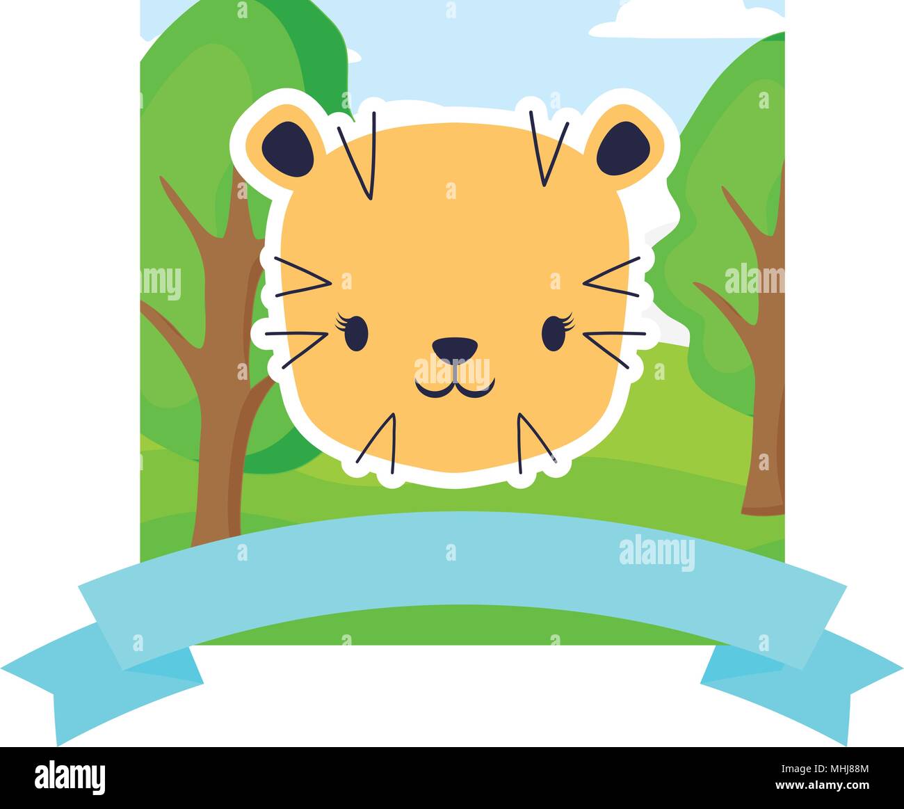 decorative emblem with cute tiger and ribbon over landscape and white ...