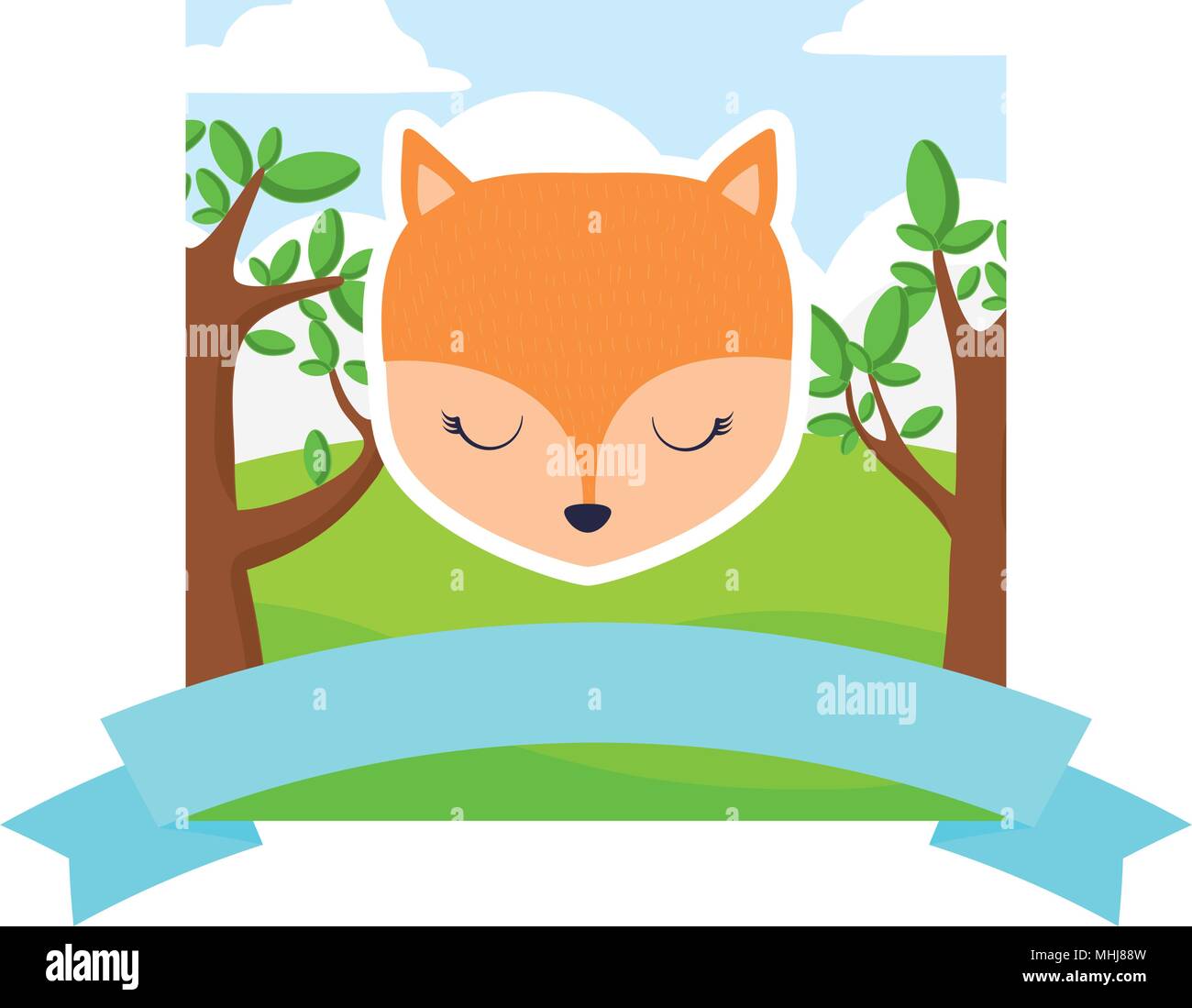 decorative emblem with cute fox and ribbon over landscape and white ...