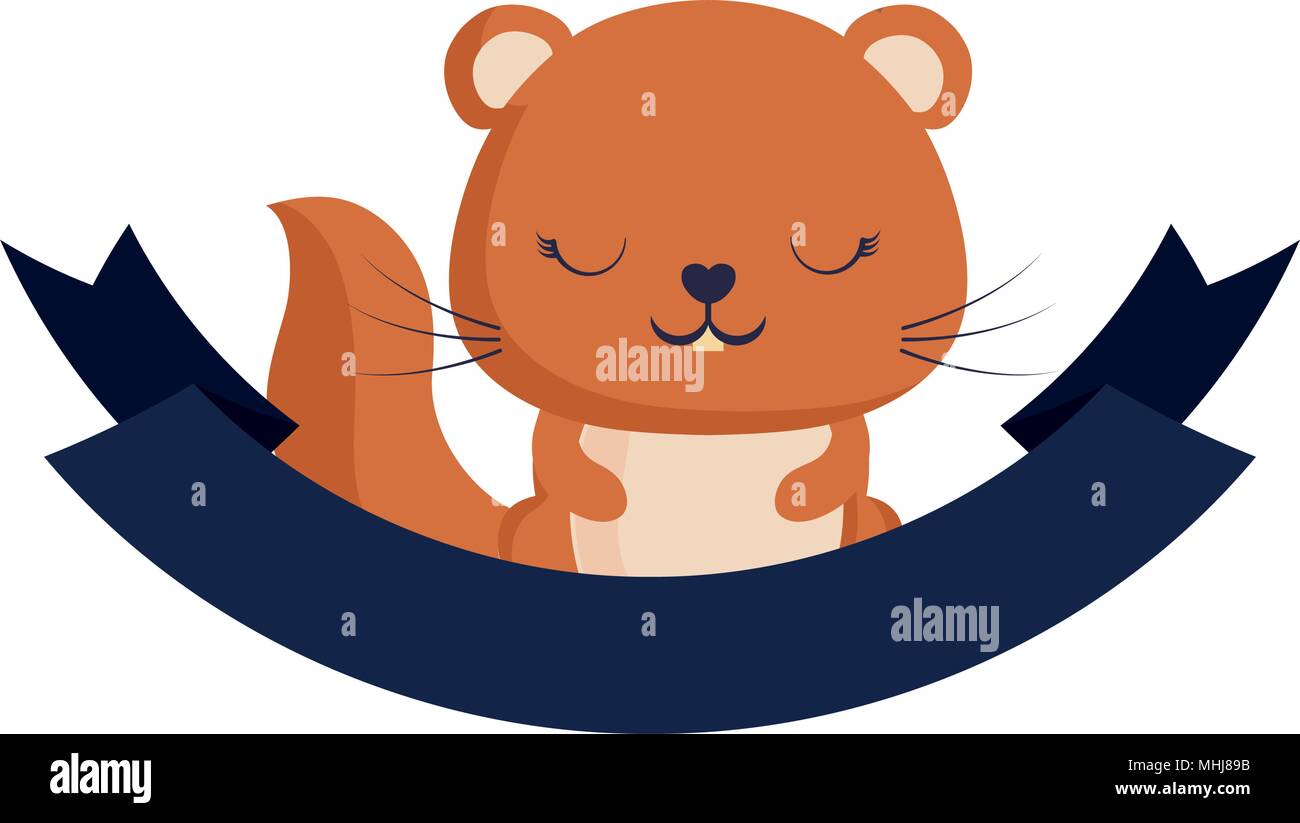 decorative emblem with cute squirrel and ribbon over white background ...