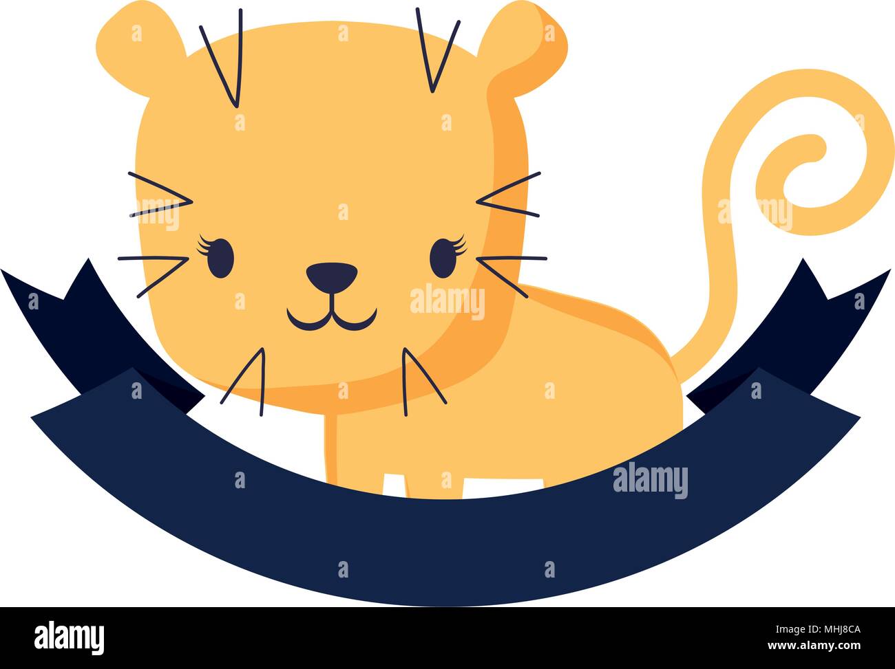 decorative emblem with cute tiger and ribbon over white background ...