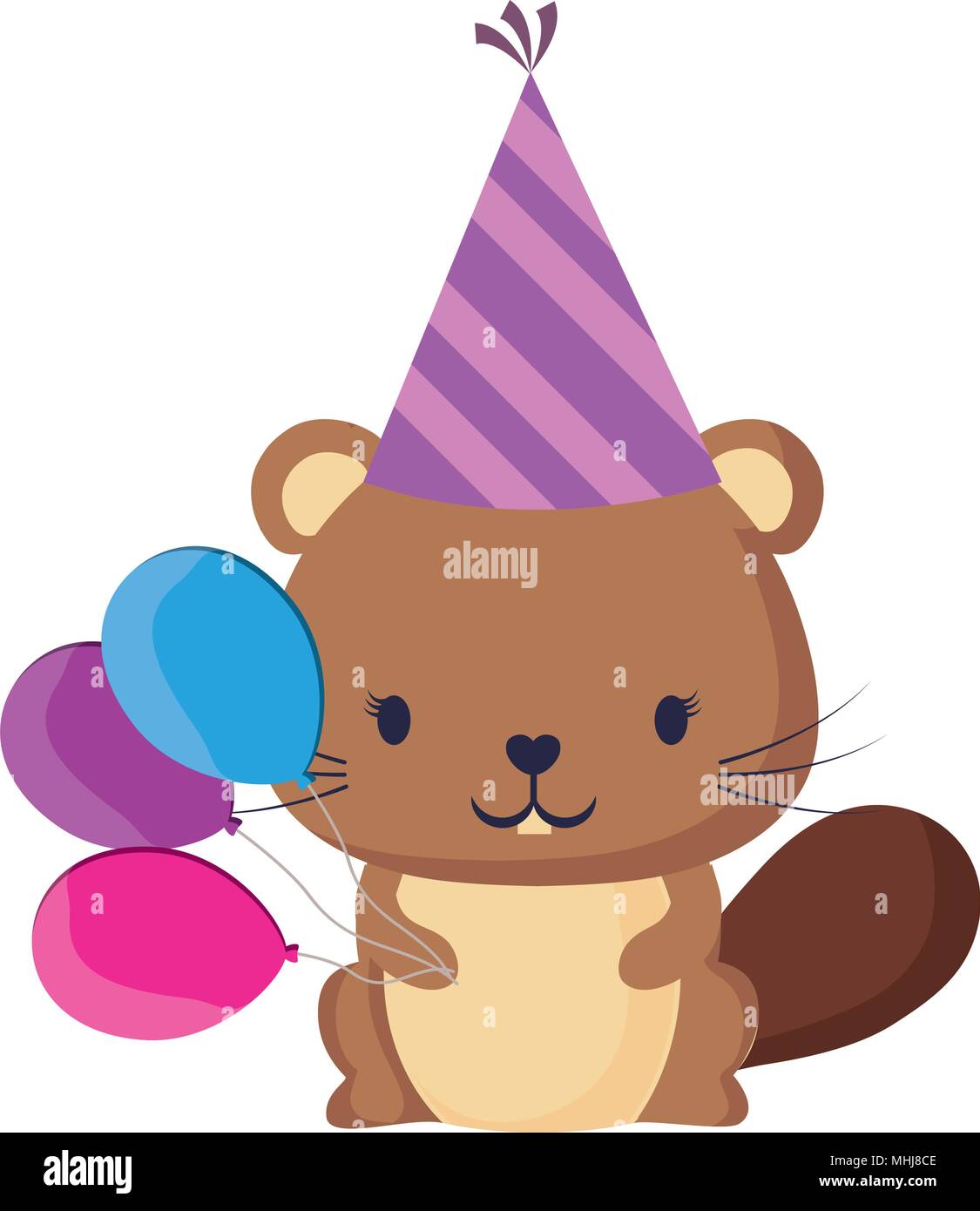 happy birthday design with cute beaver with birthday hat and balloons ...