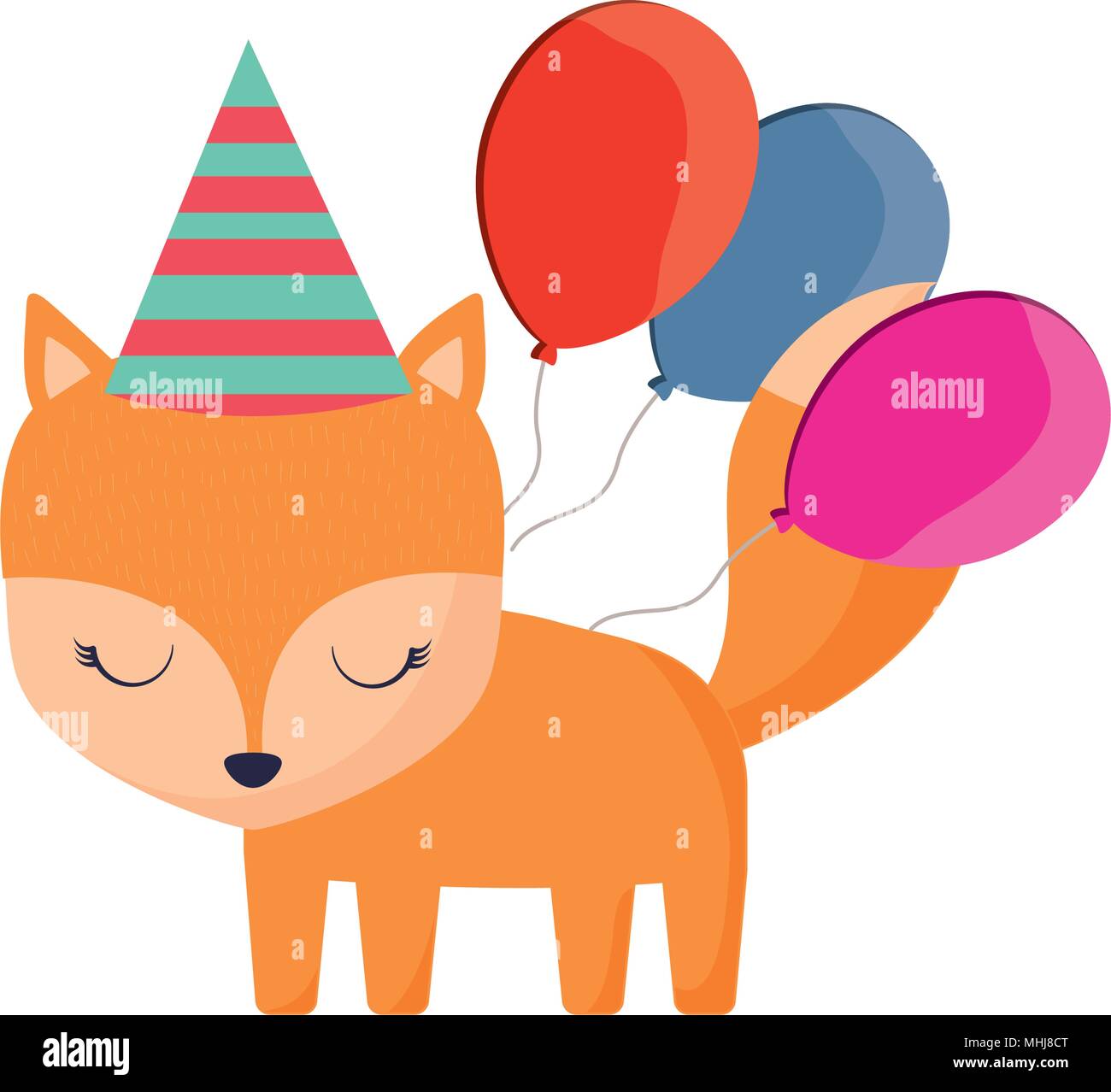 happy birthday design with cute fox with birthday hat and balloons over ...