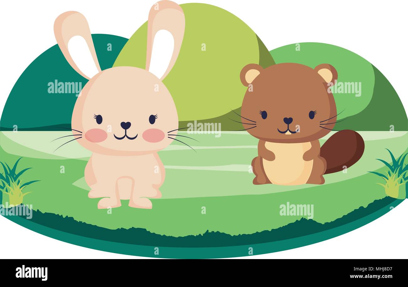 landscape with cute rabbit and beaver over white background, colorful ...