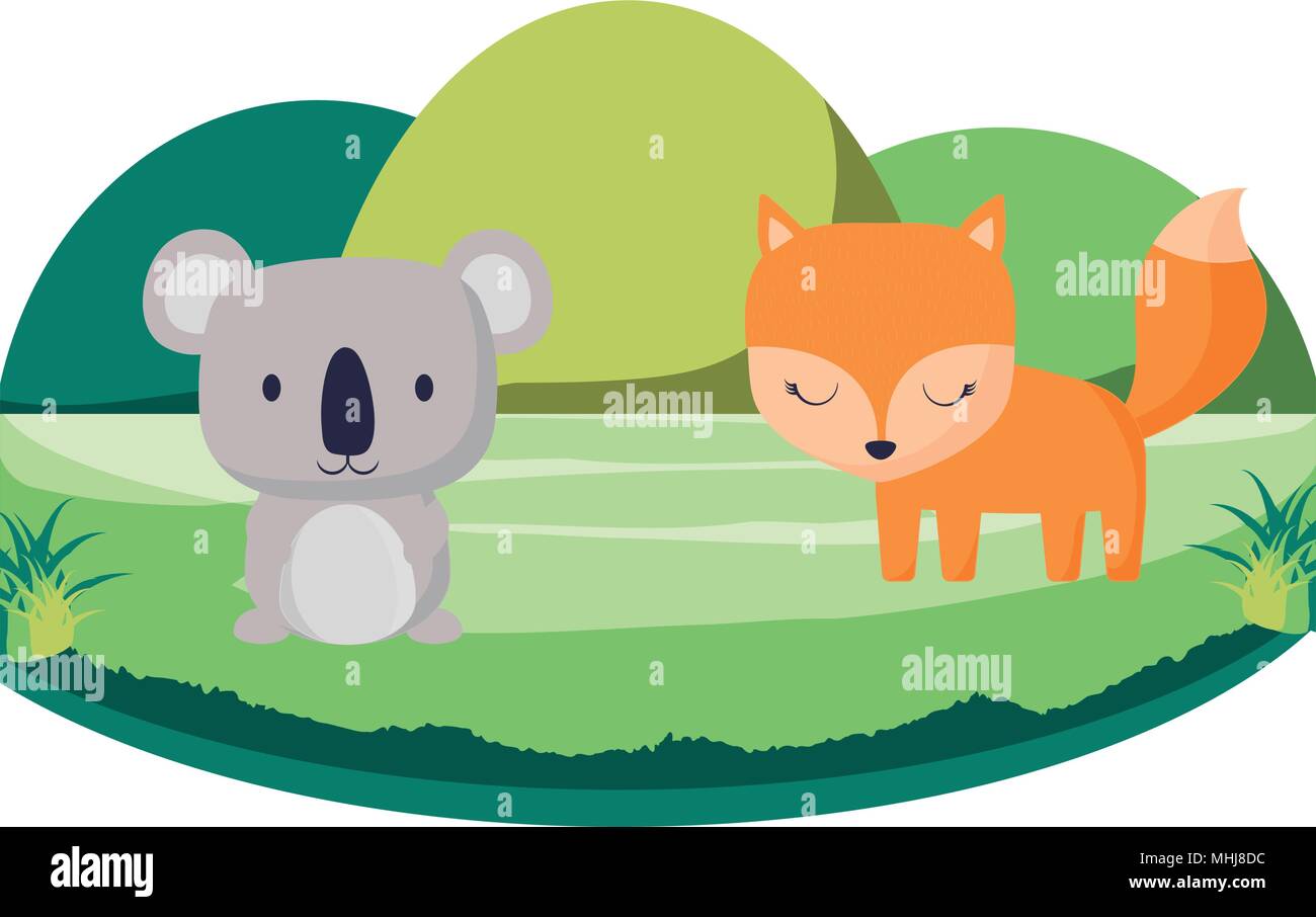 landscape with cute koala and fox over white background, colorful ...