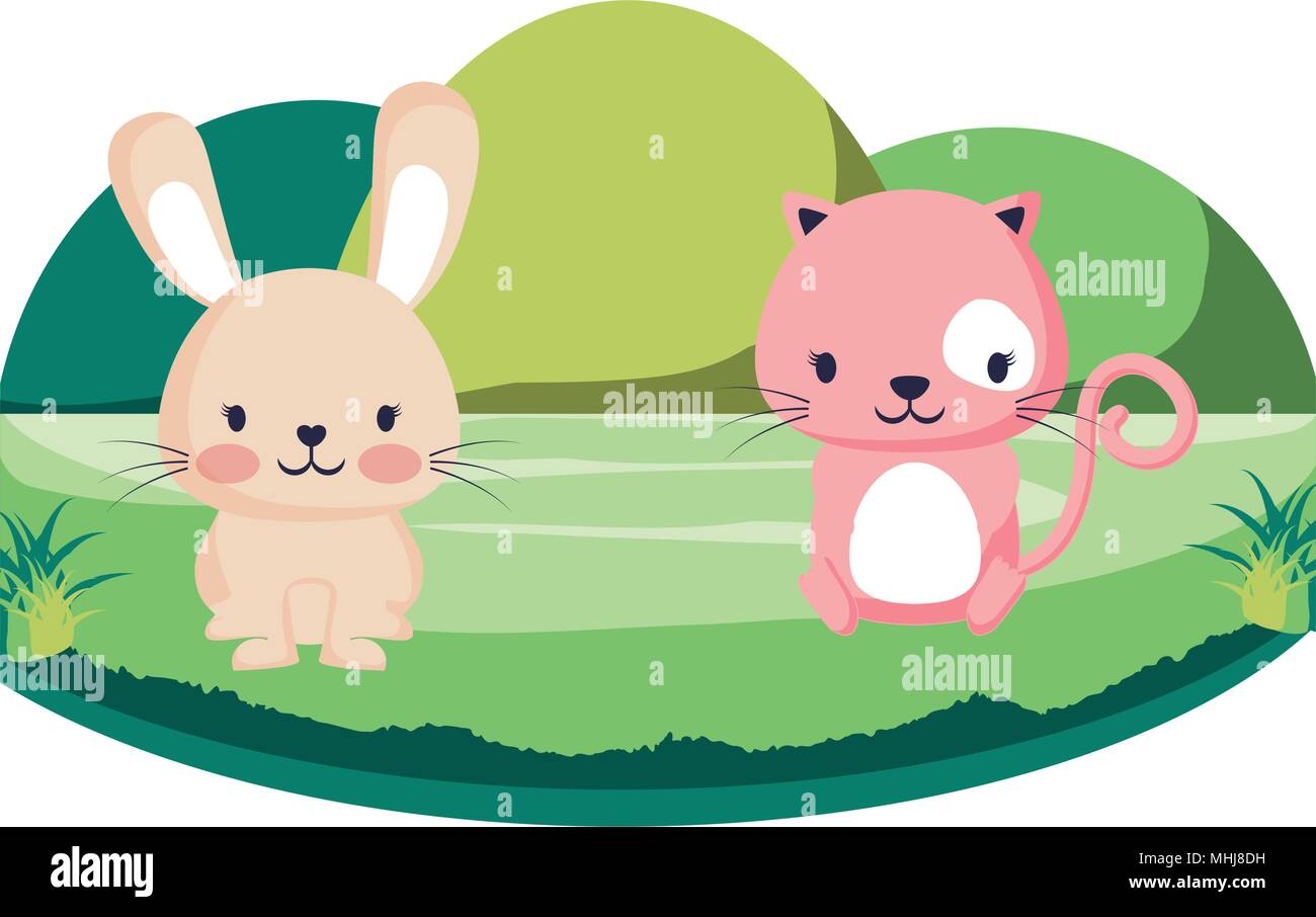 landscape with cute rabbit and cat over white background, colorful ...