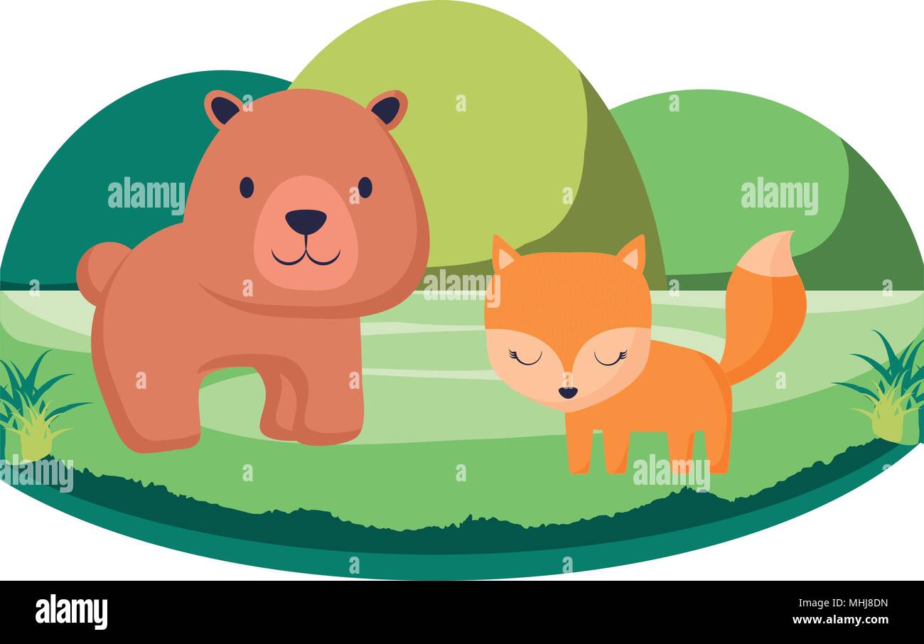 landscape with cute fox and bear over white background, colorful design ...