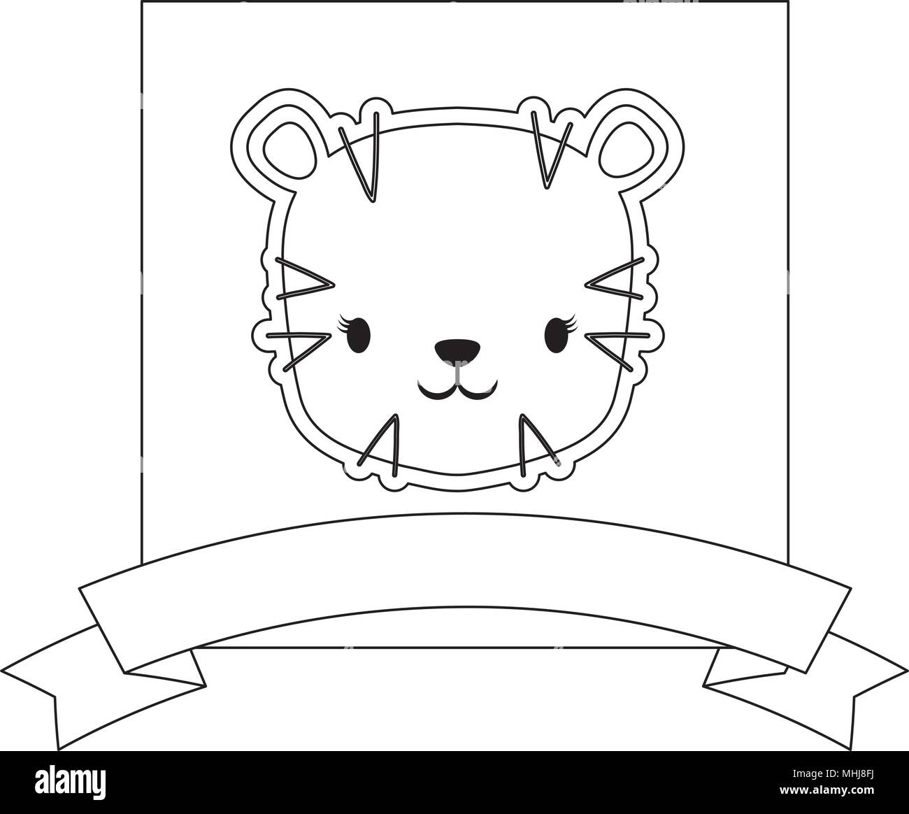 decorative emblem with cute tiger and ribbon over white background ...
