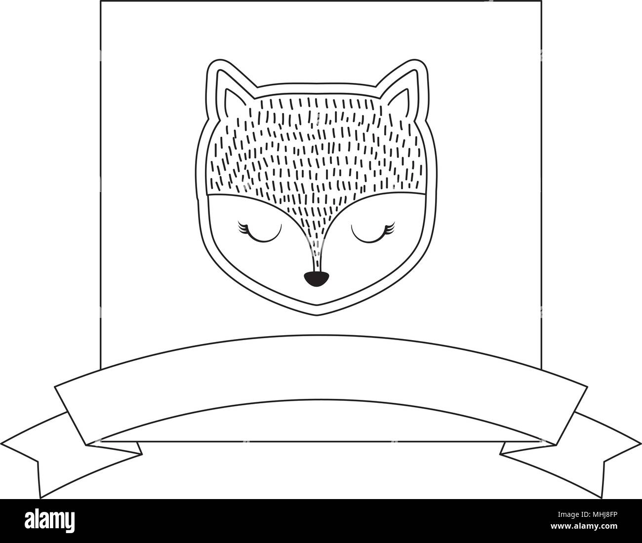 decorative emblem with cute fox and ribbon over white background ...